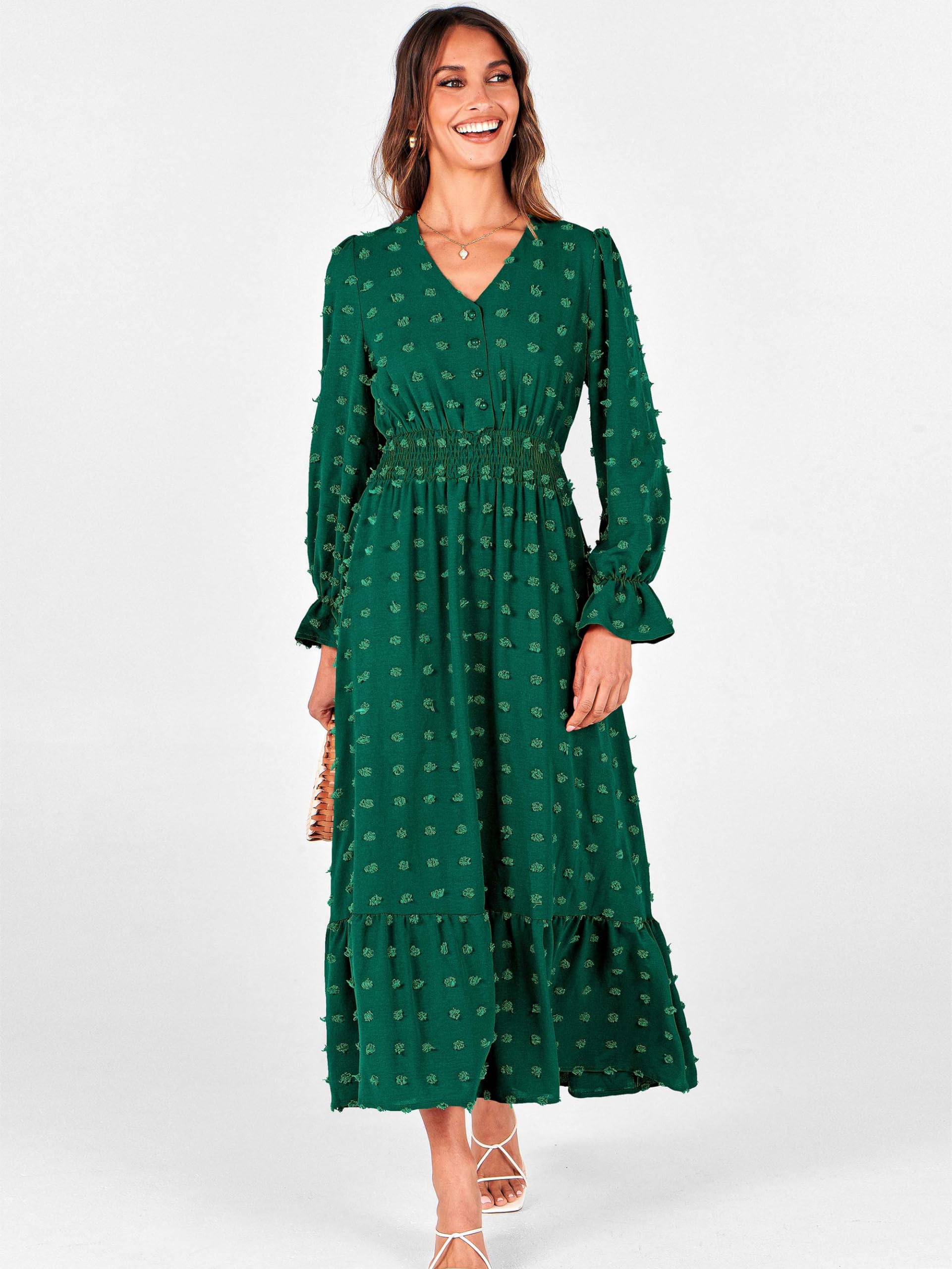 MASCOMODA Women Boho Maxi Dress 2024 Long Sleeve V Neck Swiss Dot Smocked High Waisted A-Line Ruffle Tiered Long Dress(X-Large, Dark Green)