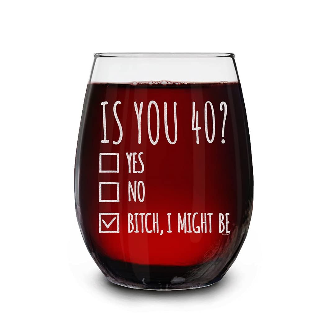shop4everĀ® 40th Birthday Wine Glass Gift for Women Is You 40? Yes No Engraved Stemless Wine Glass