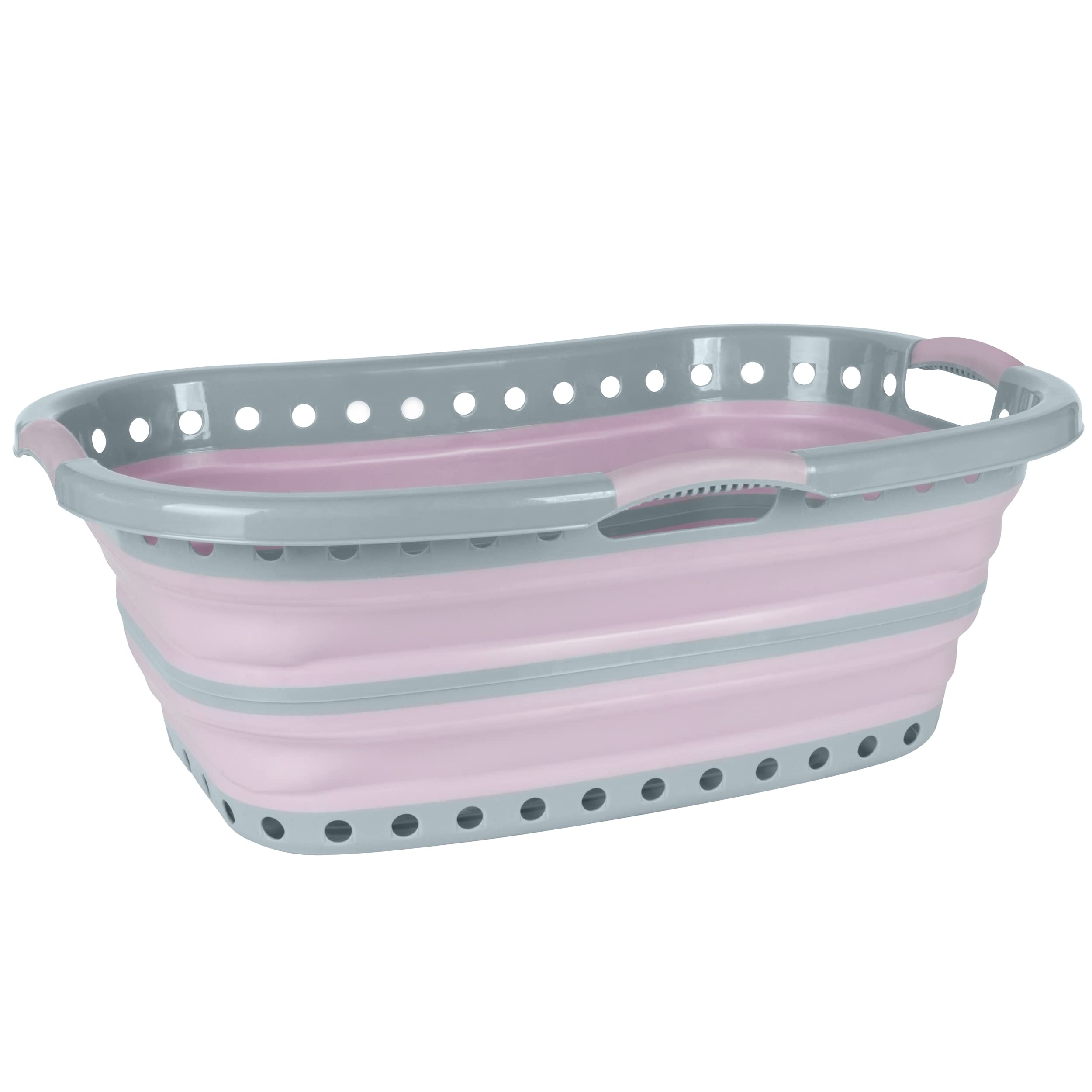 Russell Hobbs LA083555PNKEU7 Collapsible Hip Hugger 37 Litre Laundry Basket, Curved Shape, Non-Slip Handles, Portable & Lightweight, Compact For Easy Storage, Pink