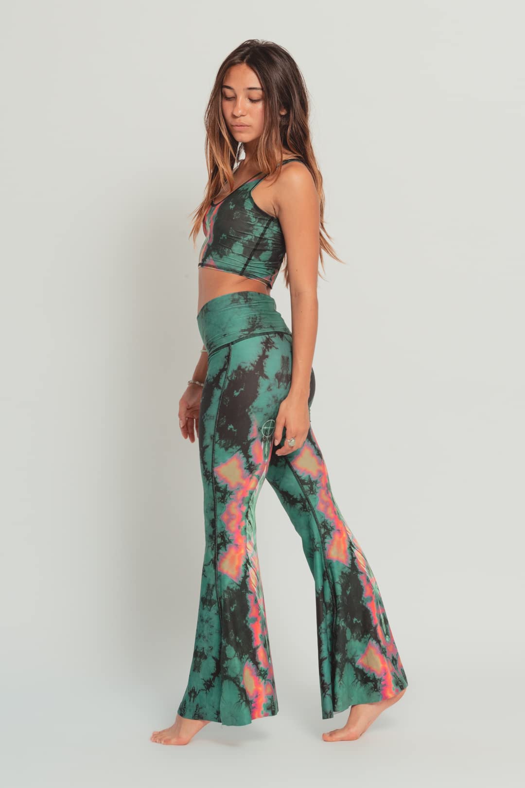 teeki Eagle Feather Green Crop Bell Bottom Pant for Women - Large