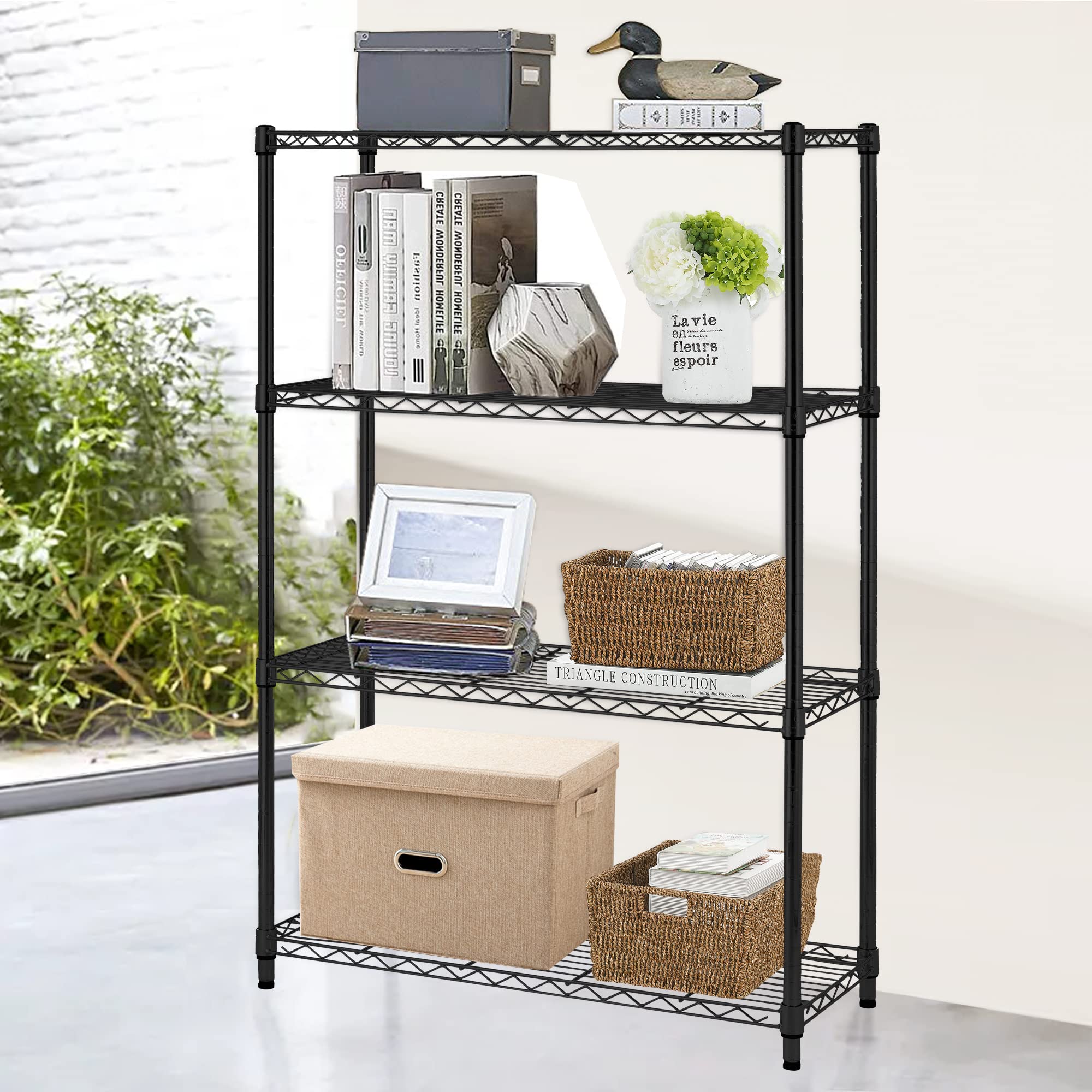 Vnewone 4-Tier Storage Shelves Large Wire Shelving Unit NSF Metal Garage Shelving 54”x36”x14” 1000 LBS Capacity Heavy Duty Height Adjustable Commercial Grade Utility Steel Rack with Wheels,Black