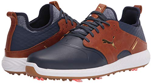 PUMA mens Ignite Pwradapt Caged Crafted Golf Shoe, Peacoat-leather Brown-puma Team Gold, 9.5 US