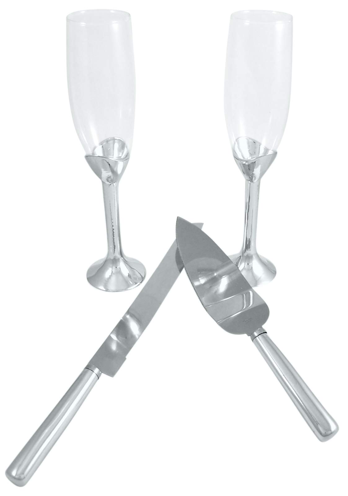 Silver Toned Champagne Flutes and Cake Server Set