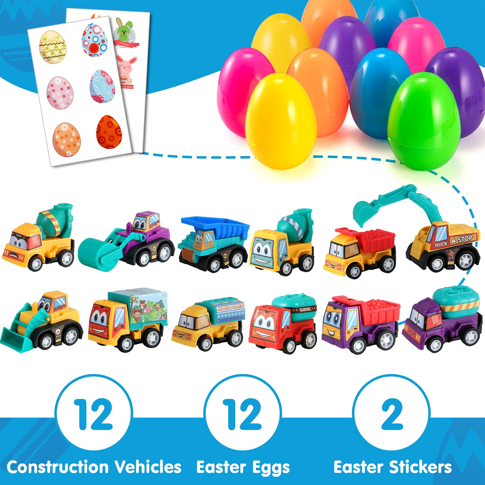 Stlloys Easter Egg Fillers with Pull Back Vehicles Toys, 12 PCS Filled Easter Eggs with Toys Inside & 2 Stickers, Easter Basket Stuffers for Kids Toddlers Boys Girls, Easter Egg Hunt Party Favor