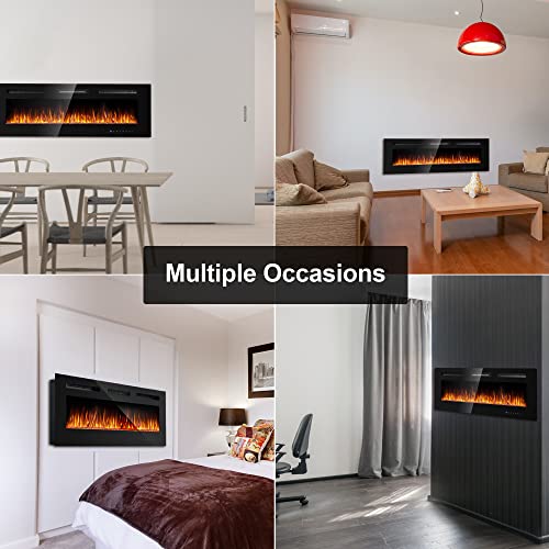 MEPTY 60" Electric Fireplace, Recessed and Wall Mounted Fireplace Insert, Fireplace Heater and Linear Fireplace with Remote Control, Timer, Adjustable Flame Color & Speed, Log Set & Crystal, Black