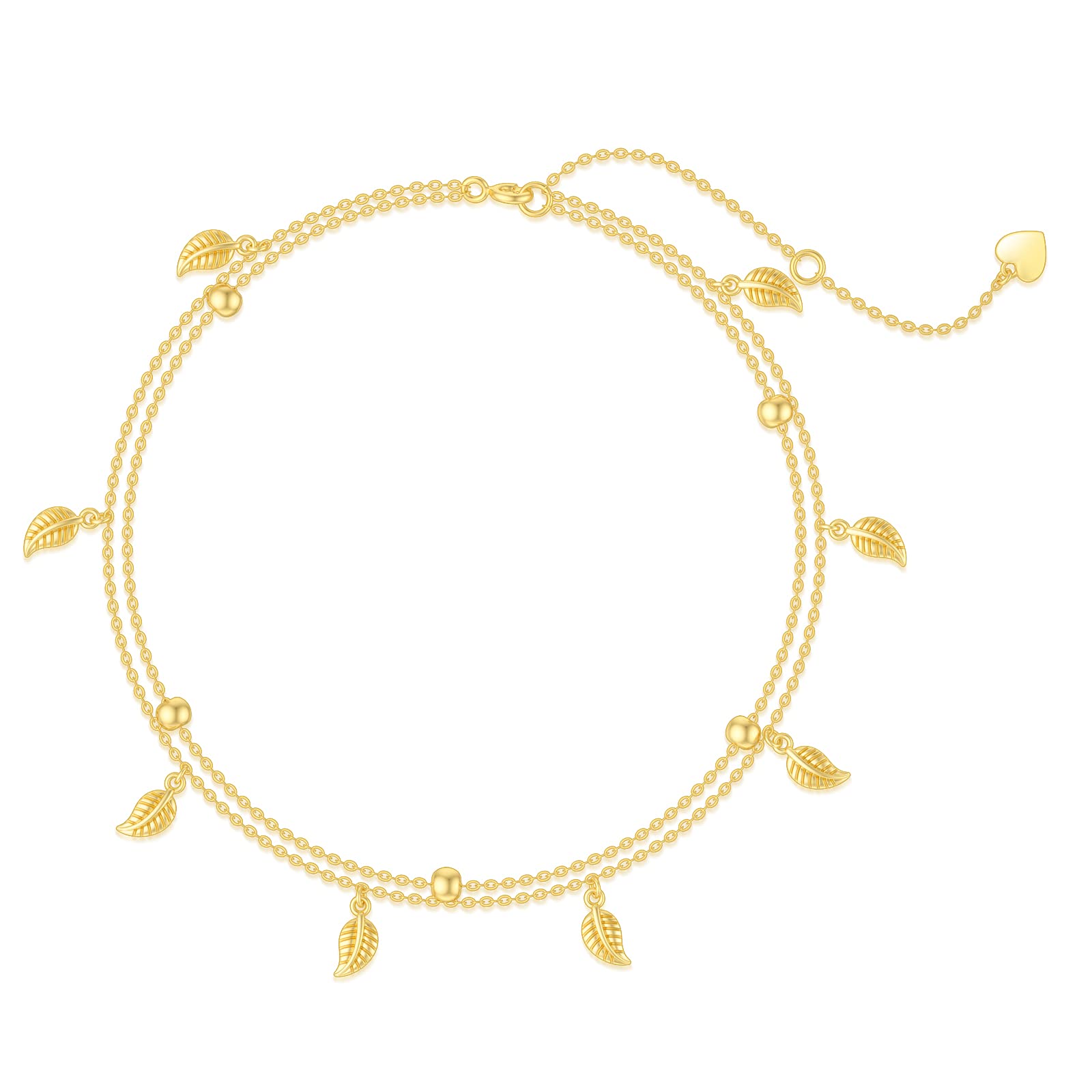 SISGEM 14K Real Gold Leaf Anklets for Women, Real Gold Beads Station Anklet Bracelet Tassel Double Foot Link Beach Anklets Anniversary Birthday Jewelry Gifts for Wife Mom 8''+2'' (Double Chains)