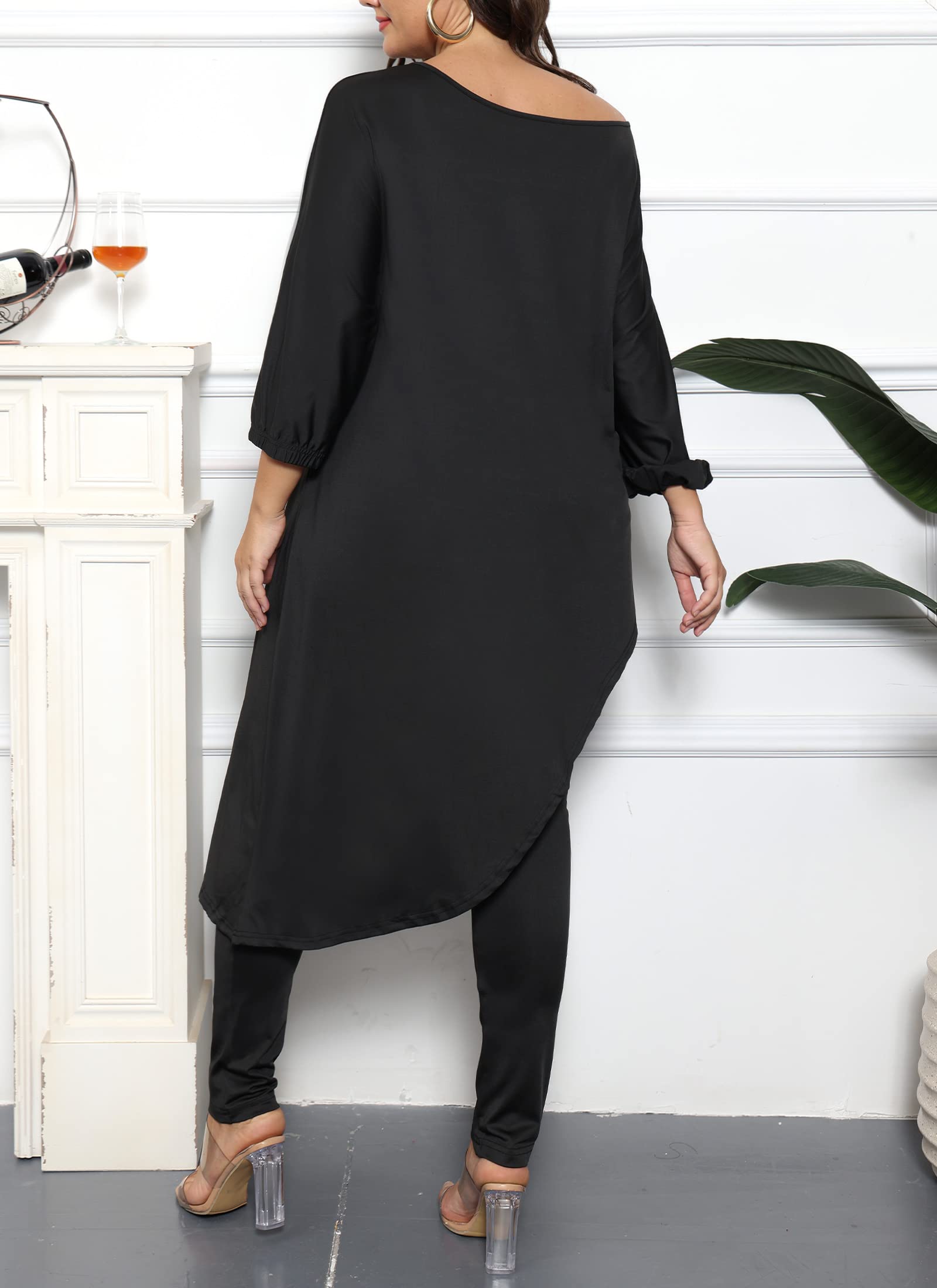 Volemo Plus Size Outfits for Women Tracksuits One Shoulder Asymmetrical Hem Top Skinny Pants 2 Piece Loungewear Black S