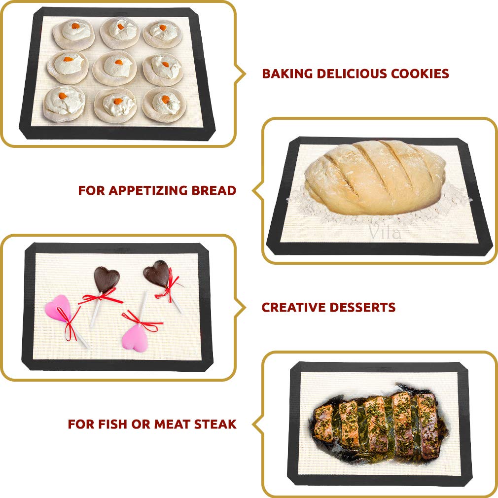 Vila 2 Pack Baking Mats, 12β x 17β, Tray Pan Liner for Healthy Dishes, Reusable Non-Stick Cookie Sheets, Perfect for Macarons, Dog, Cat, Parrot Treats, Pastry, Bread, Bun making