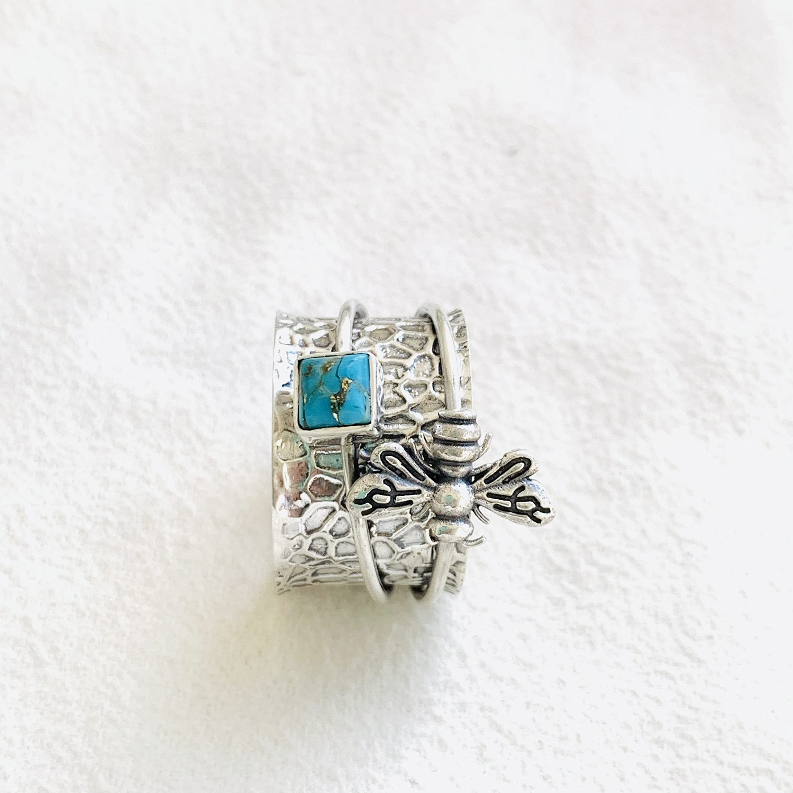 Very Rare Honey Bee Copper Turquoise Silver Spinner Ring | 925 Sterling Silver Stone Spinner Ring | Designer Hand Carved Silver Ring Gift (Ring Size-8)