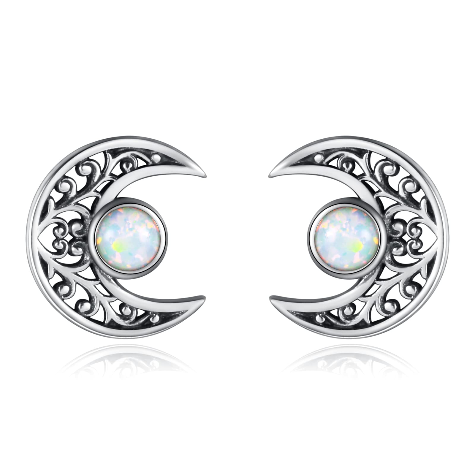 Sterling Silver Moon Earrings for Women: Opal Crescent Moon Stud Earrings Jewelry Gift for Teen