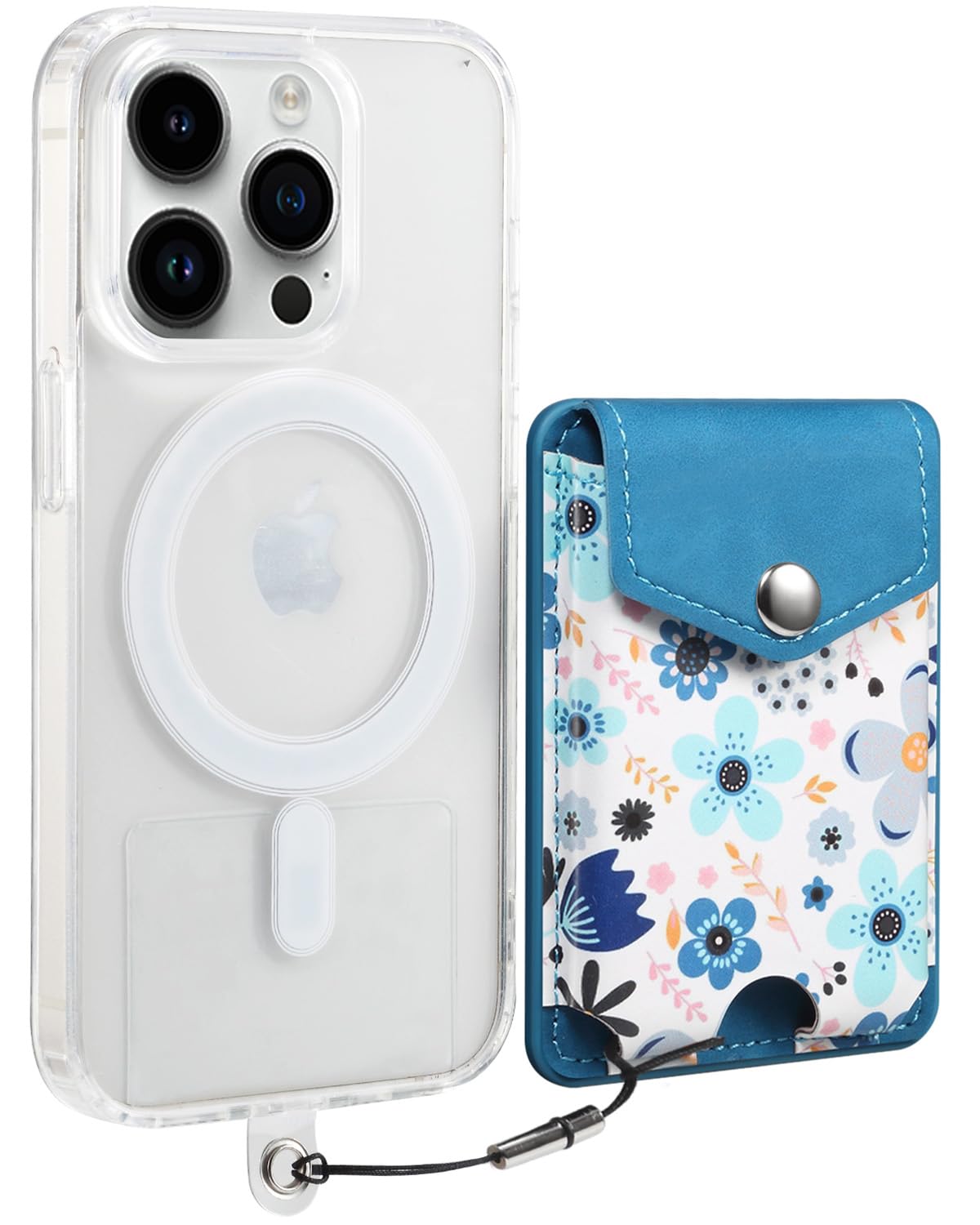 Magnetic Card Holder for Apple Magsafe Wallet for iPhone 15/14/13/12 Series, Fit 5 Cards RFID Blocking Mag Safe Floral Pattern Leather Wallet for iPhone 15 PLUS,Pro Max - Blue