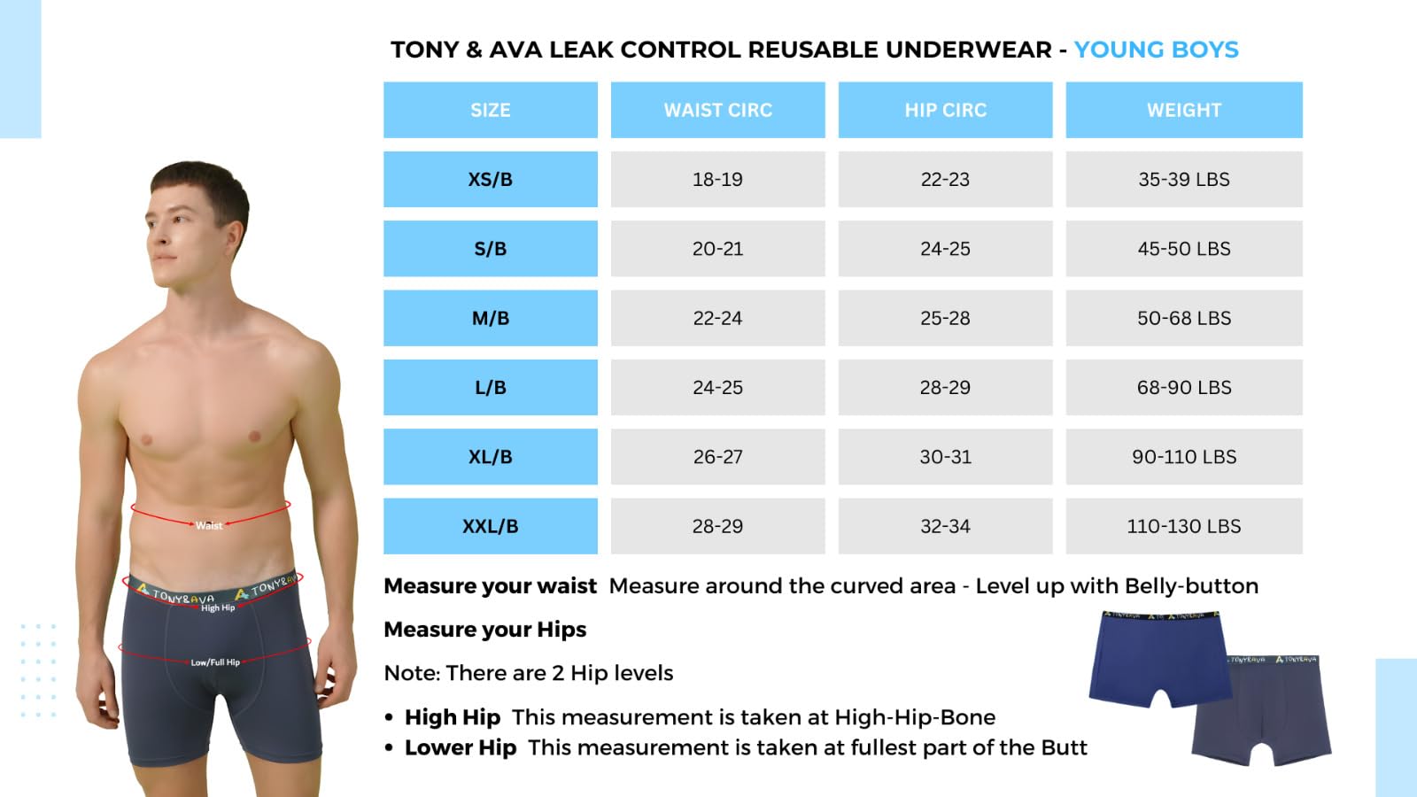 Tony and Ava Boys' Moderate Absorption Incontinence Boxer - Soft & Comfortable Underwear for Teens (Pack of 1)(Large, Blue)