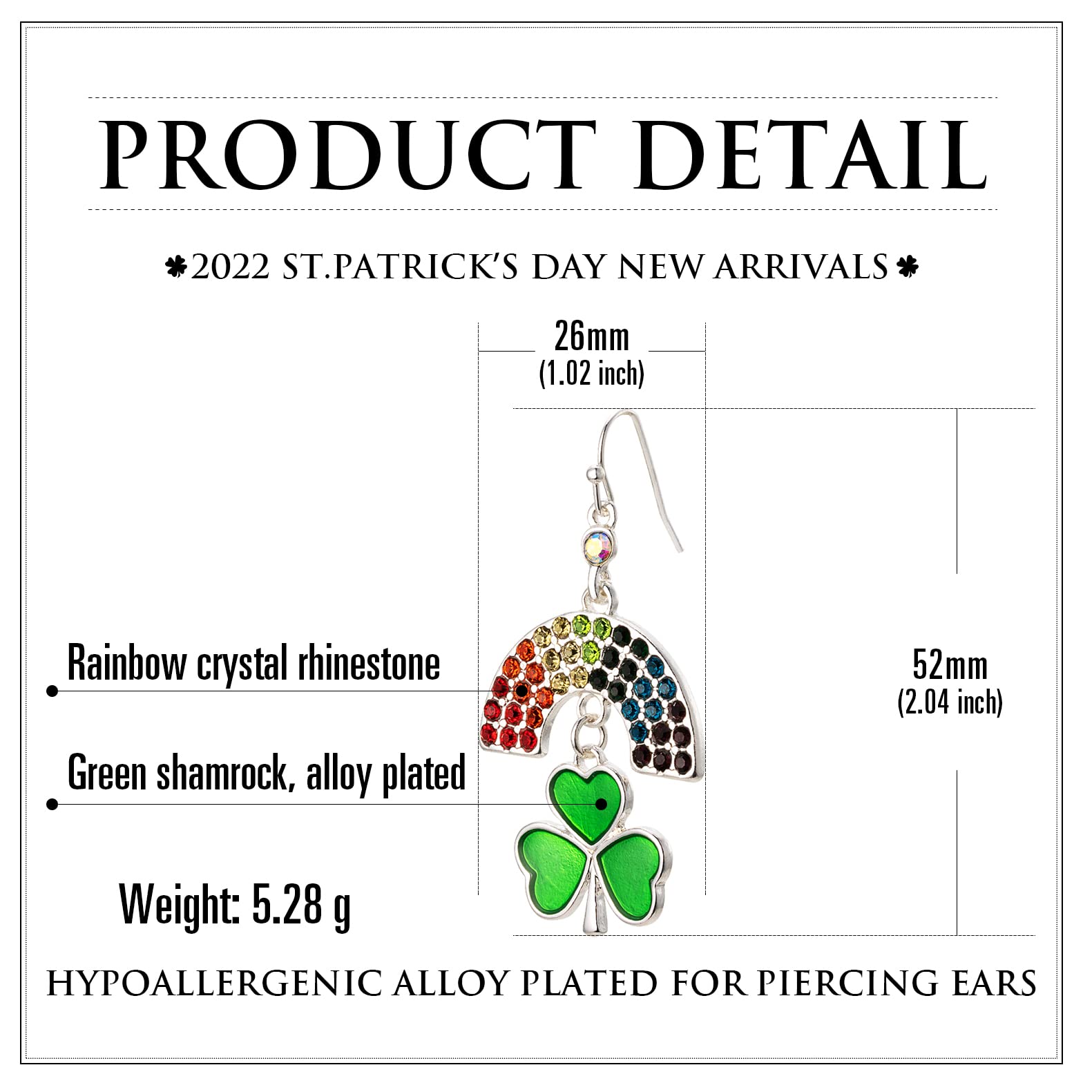RareLove Silver Plated Rainbow with Shamrock Piercing Dangle Earrings Alloy Crystal St Patrick's Day Gift For Women