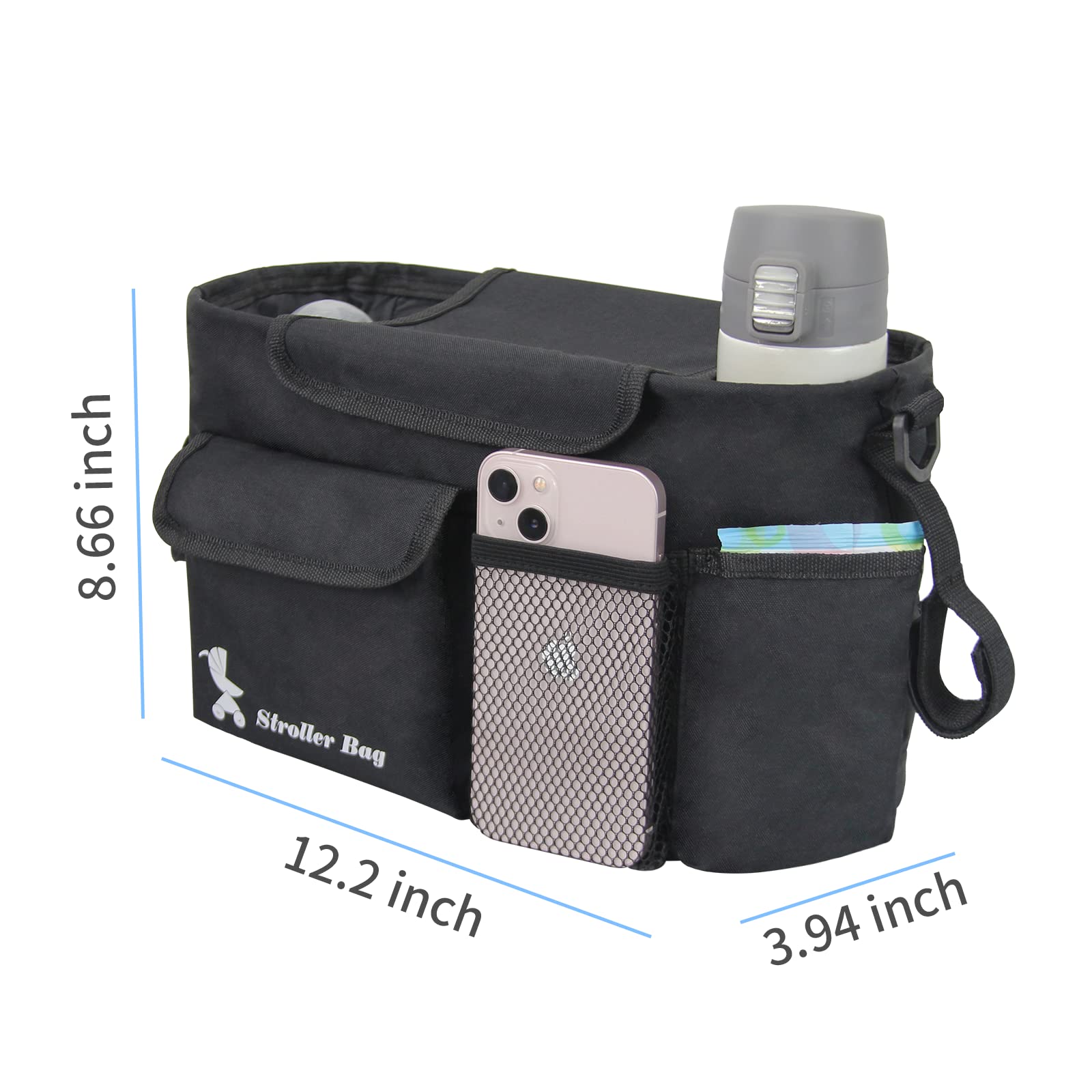 Universal Baby Stroller Organizer with Cup Holder, MOXIV Stroller Storage Caddy Bag with Adjustable Shoulder Strap, Large Capacity for Baby Essentials, Compact Design Fits Most Strollers(Black)