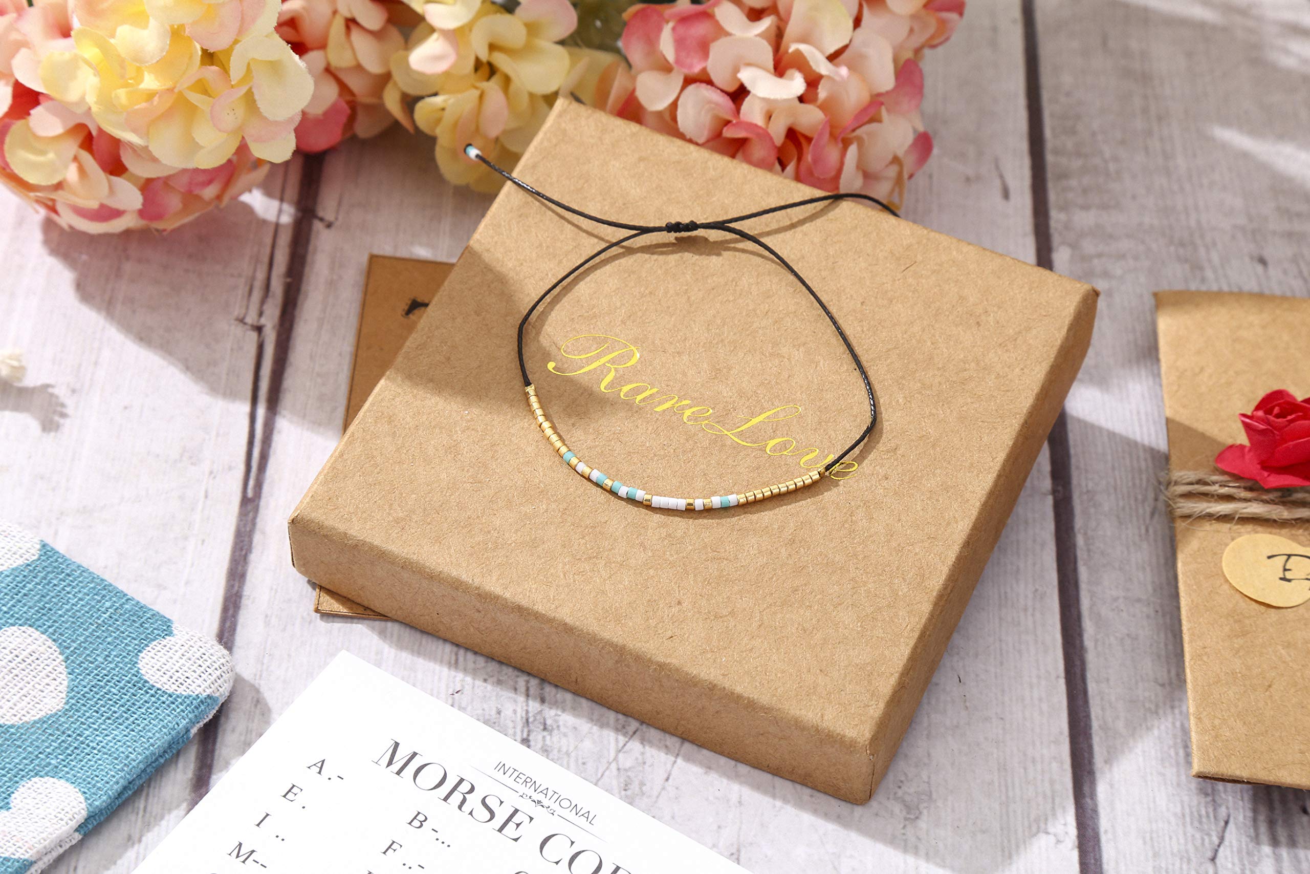 RareLove Teacher Gifts Morse Code Beaded Bracelet Appreciation Gift for Women Waterproof Secret Message Birthday Gifts for Teachers from Student Gold Blue White Tiny Pony Seed Beads Black String