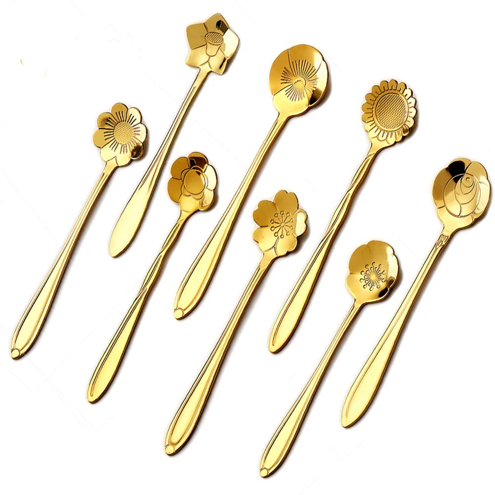 Stainless Steel Flower Coffee Spoon Set, LEIHEFA 8 Pcs Creative Tea Spoon,Stirring Spoon, Ice Tea Spoon for Tea, Cake, Sugar, Dessert Ice Cream Spoon (Gold)