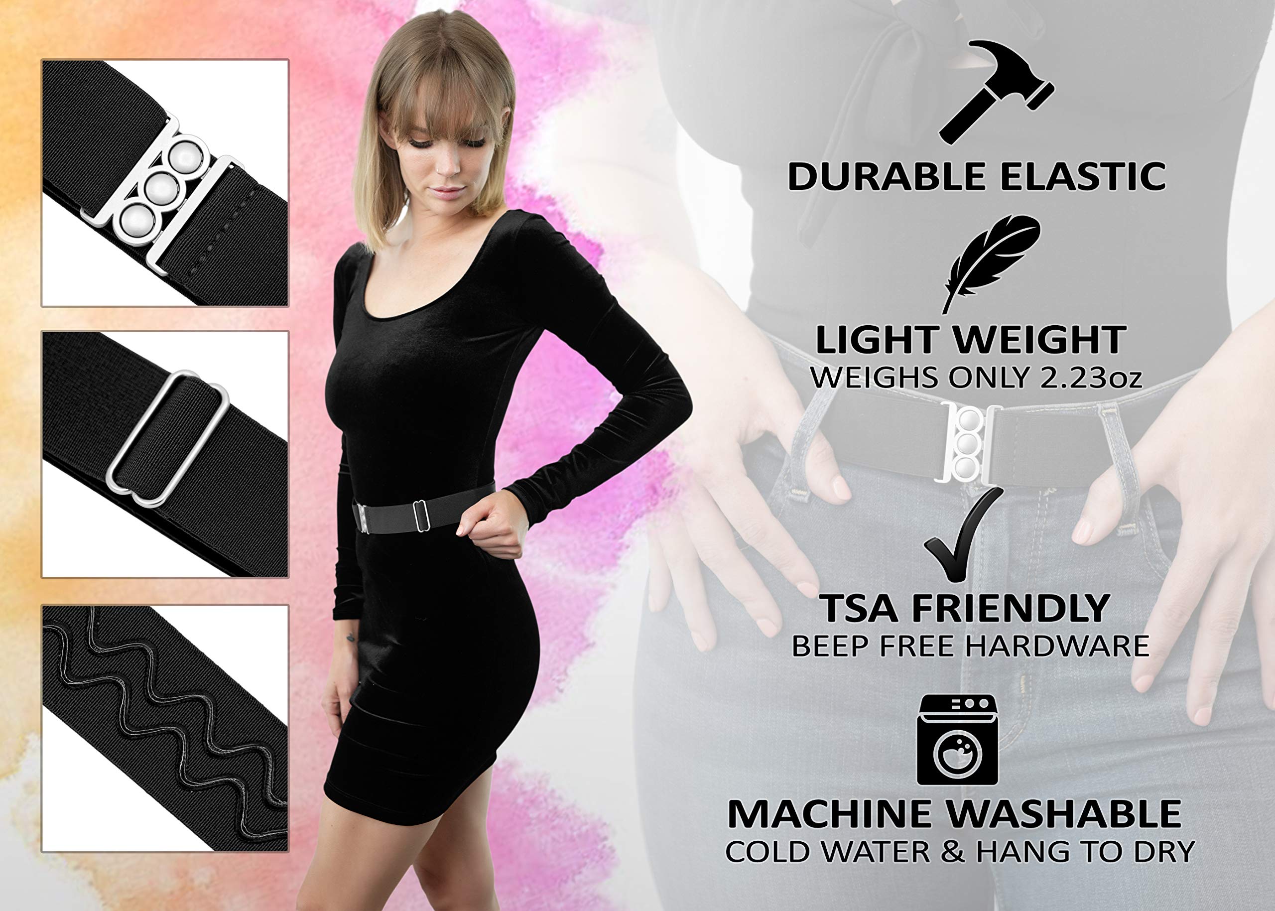 ONE-BELT No Show Invisible Elastic Belts for Women | Non Slip | Fits waist upto 50 Inch (Matte Black - BLACK)