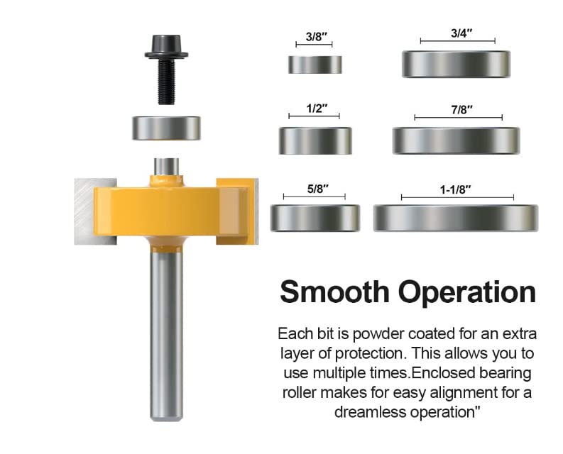 Yueqing Zhongji Rabbet Router Bit 1/4 Inch with 6 Bearings,Interchangeable and Adjustable Bearing (Multiple Depths 1/8", 1/4", 5/16", 3/8", 7/16", 1/2") Carbide Tipped Rabbeting Router Bit Set for