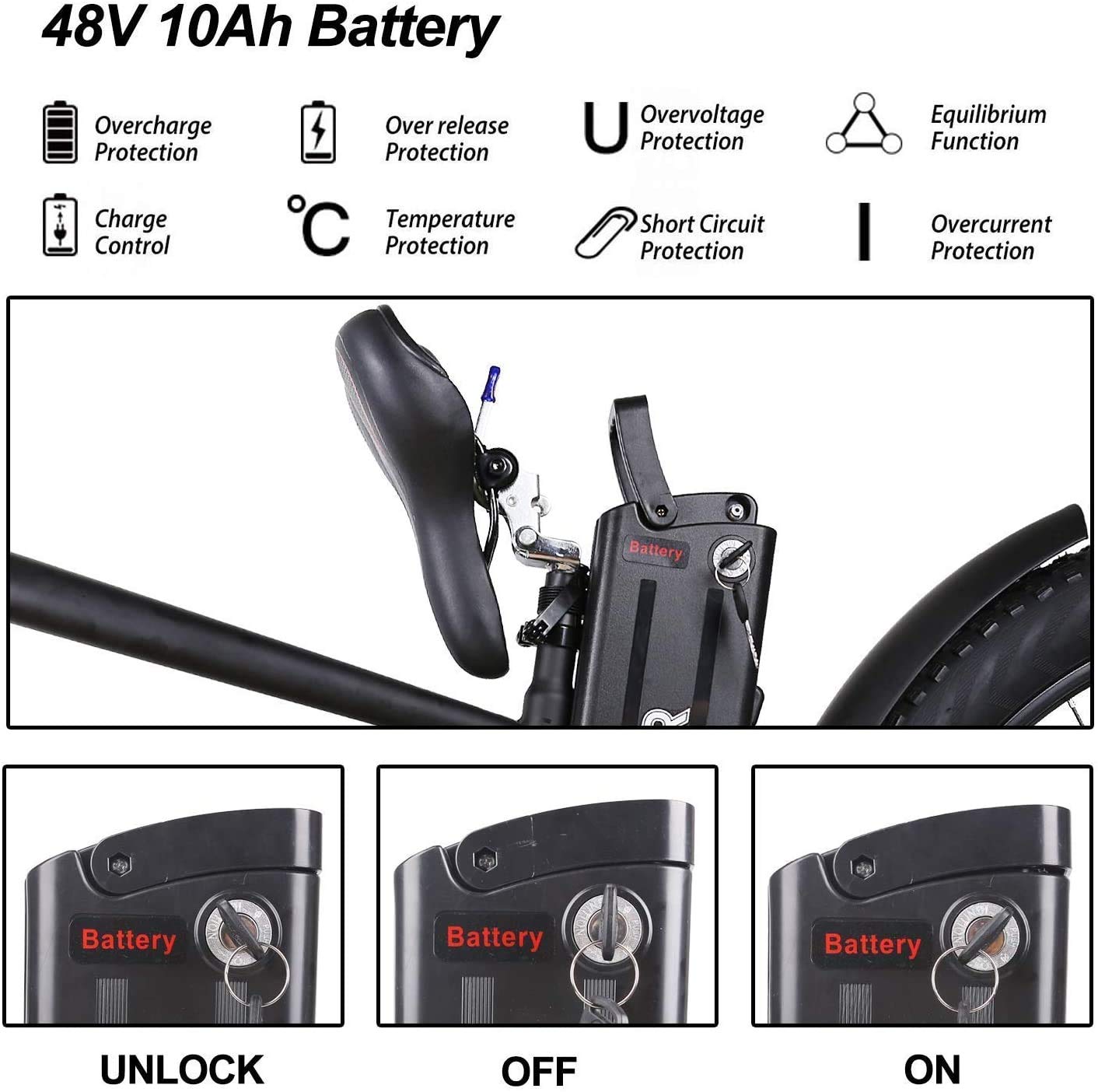 NAKTTO 26" 500W Electric Bicycle Fat Tire Mountain EBike 6 Speeds Gear Removable 48V12A Lithium Battery Smart Multi Function LED Display - with 48V12A Lithium Battery