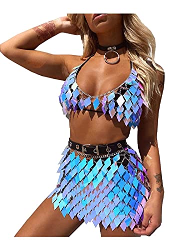 Salliy Boho Body Chain Bra Gold Sexy Rhinestone Bikini Bra Body Halter Backless Sequins Chain Bra Beach Body Accessories Jewelry for Women and Girls (Blue Jacket)