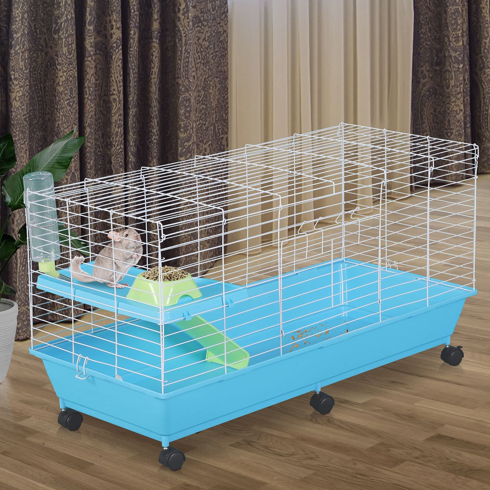 PawHut 40” Steel Plastic Small Animal Pet Cage Kit with Wheels - Blue and White