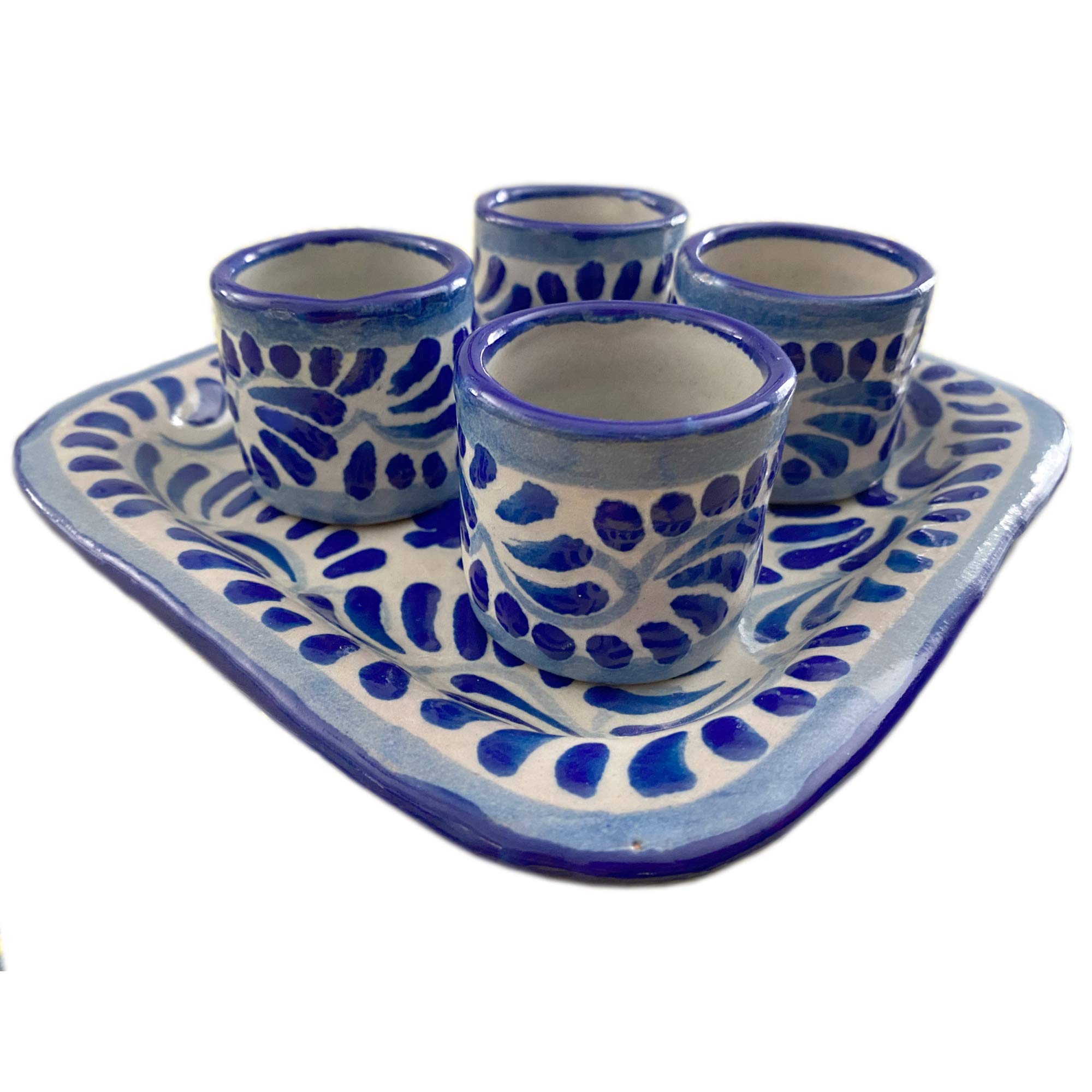 Talavera PotteryClay Blue Shot Glasses for Mezcal or Tequila (Pack 4 - Plate, Short)