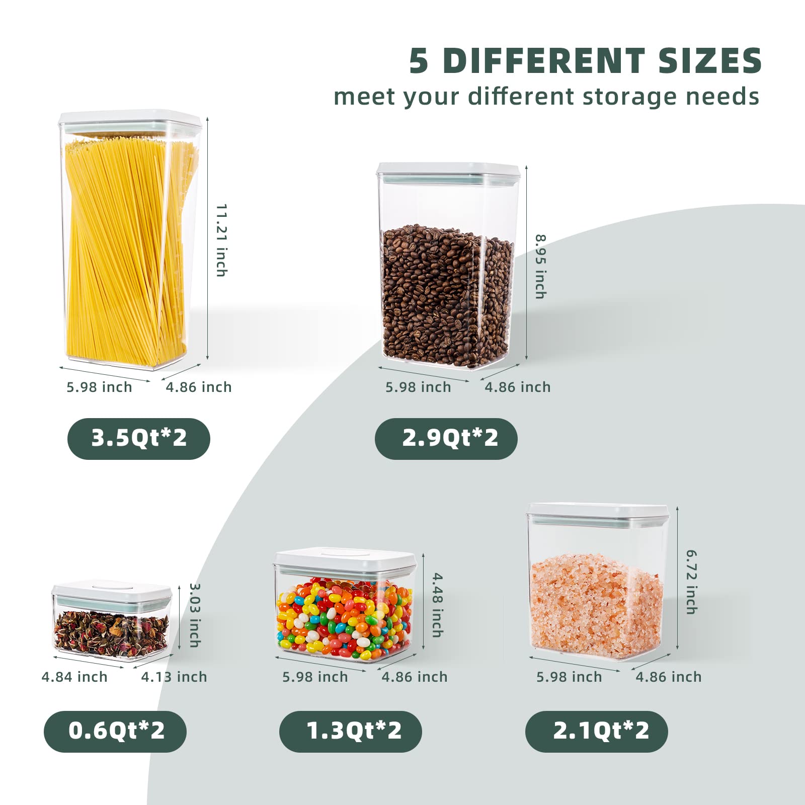 Tourdeus Pop Airtight Food Storage Containers for Pantry Organization, 10-Piece BPA Free Food Storage Containers Air Tight Storage Containers with Lids, 3.5Qt, 2.9Qt, 2.1Qt, 1.3Qt, 0.6Qt