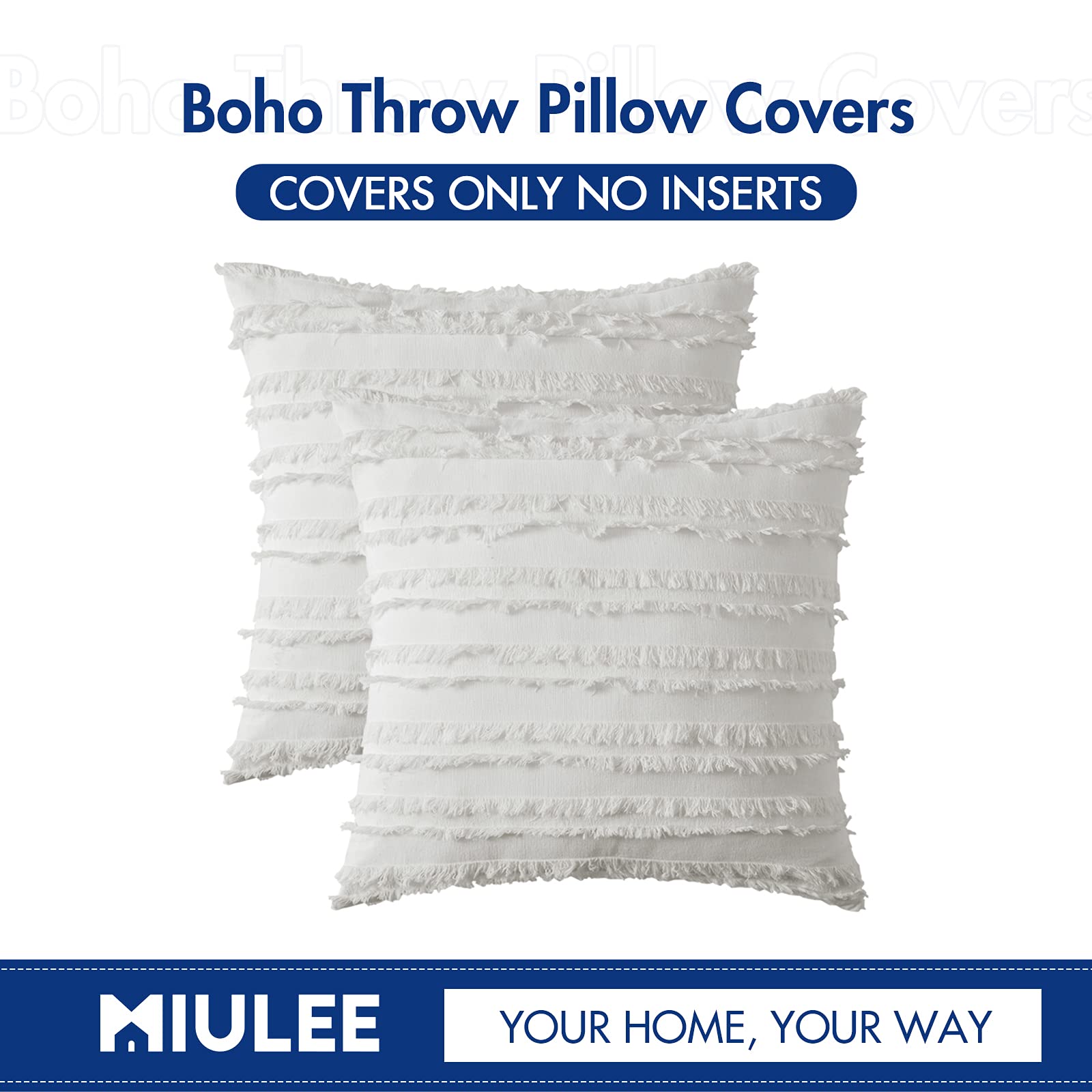 MIULEE Set of 2 Decorative Boho Throw Pillow Covers Linen Striped Jacquard Pattern Cushion Covers for Sofa Couch Living room Bedroom 18x18 Inch White