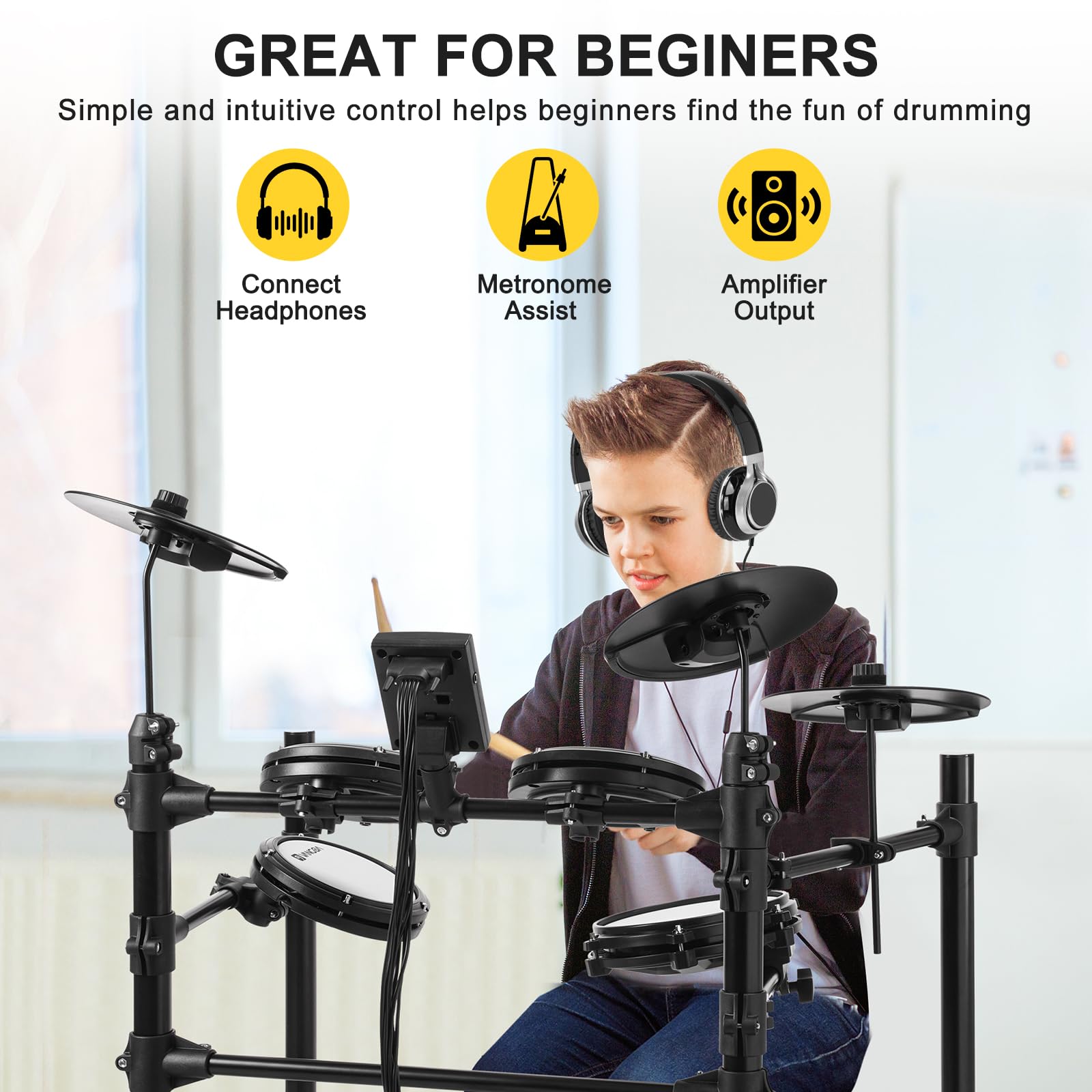 Vangoa Electronic Drum Set Junior Electric Drum Kit for Kids Beginner with 210 Sounds, Electric Quiet Mesh Drum Set with Heavy Duty Pedals, USB MIDI Connection and Drum Sticks, Black (New Upgraded)