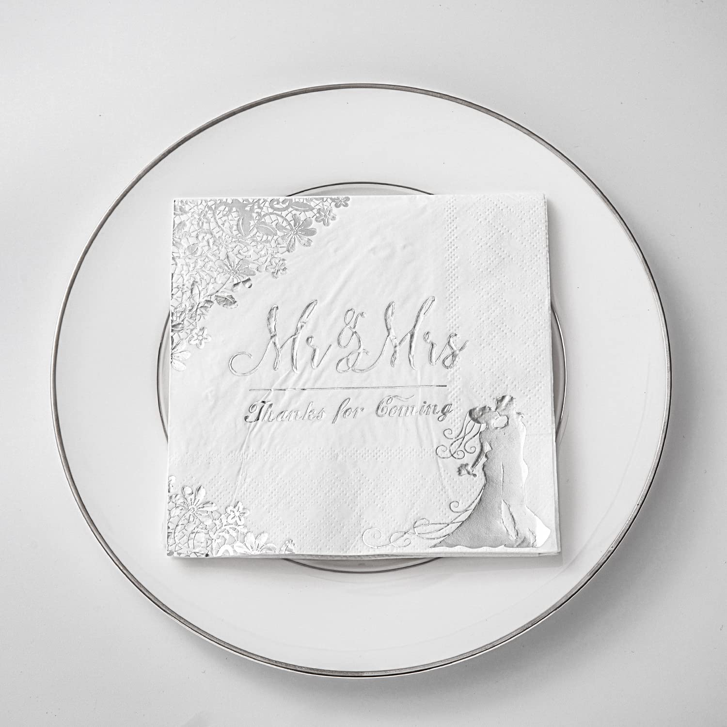Silver 100 Pcs Wedding Napkins for Reception Mr and Mrs Wedding Cocktail Napkins, Disposable Napkins for Wedding, Engagement, Bridal Shower Party Decorations