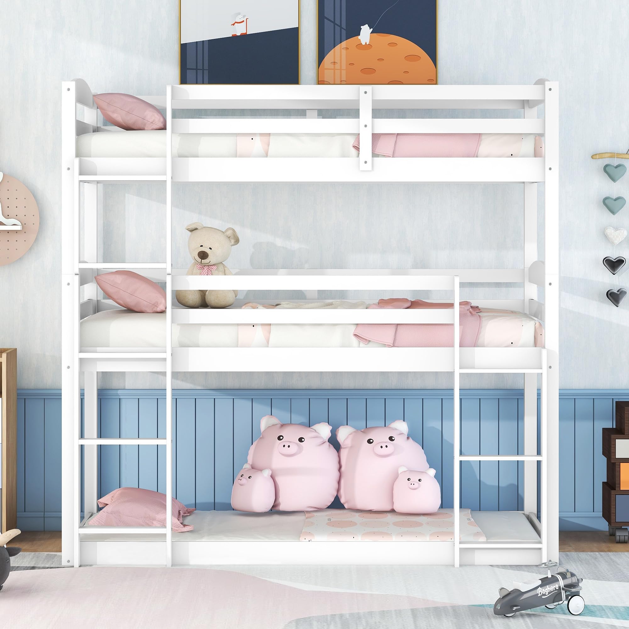 Merax Twin Triple Bunk Bed with Ladders, No Box Spring Needed,for Bedroom and Guestroom, Easily Convertible into One Twin Bed and One Twin over Twin Loft Bed, White