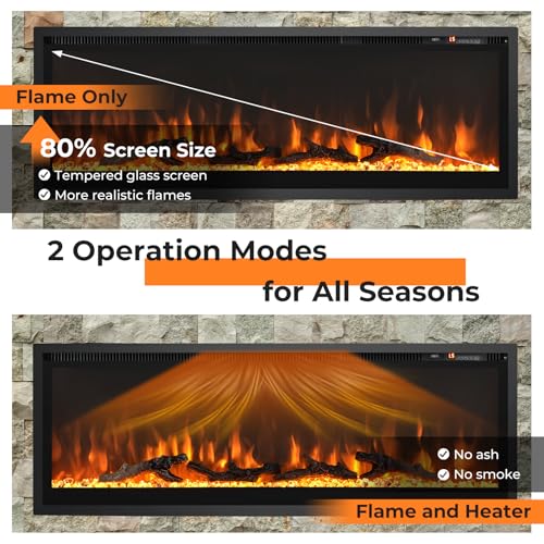 ORALNER Electric Fireplace Insert 50 Inch Wide, Recessed & Wall-Mounted Fireplace Heater with Thermostat, 9 Flame Colors & 5 Adjustable Brightness, Remote Control & 8H Timer, 750W/1500W (50 Inches)