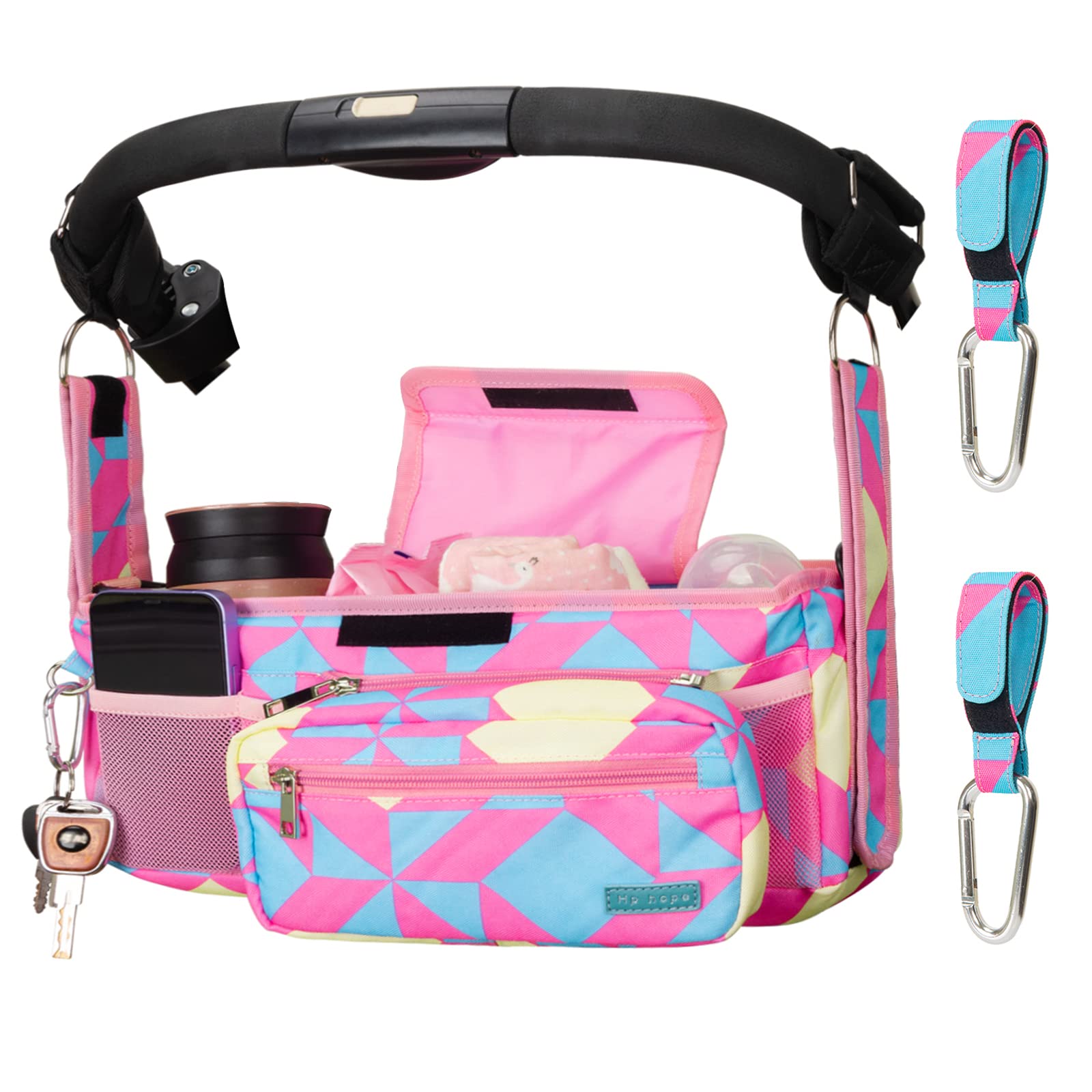 Universal Stroller Organizer,Non-Slip Stroller Caddy with Insulated Cup & Holder Detachable Zipper Bag Phone Bag,Fits for Nearly Any Strollers