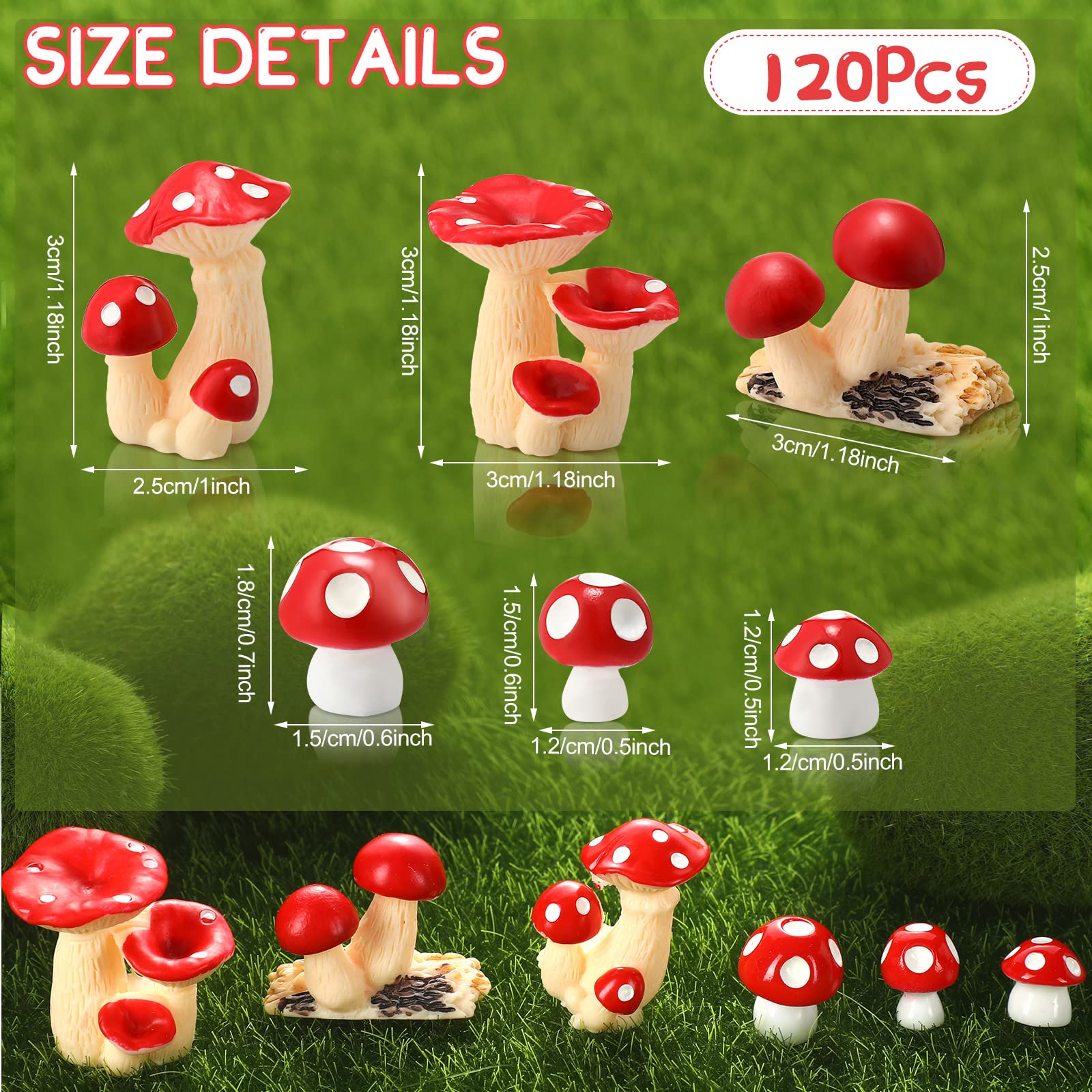Yulejo 120 Pcs Cute Tiny Mushrooms Bulk Mini Miniature Figurines Fairy Mushroom Decor Garden Mushroom Statue Mini Mushrooms Ornament for Plant Micro Landscape Bonsai Craft(,Red)
