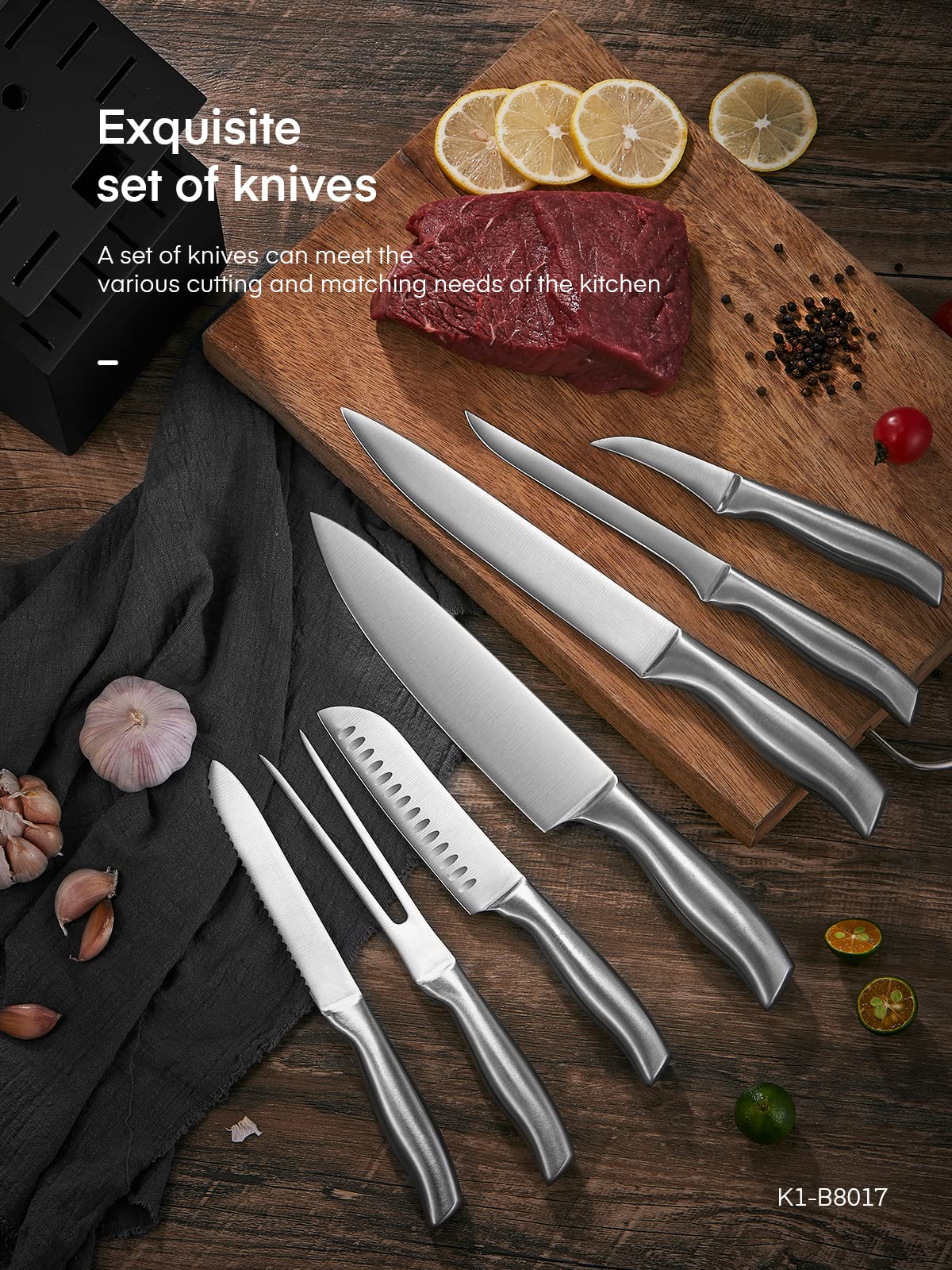 ZAWS Knife Set, 16PCS Stainless Steel Kitchen Set with Hollow Handle, Super Sharp One Piece Design Knives Black Wood Block, Including Chef Knife, Bread Steak