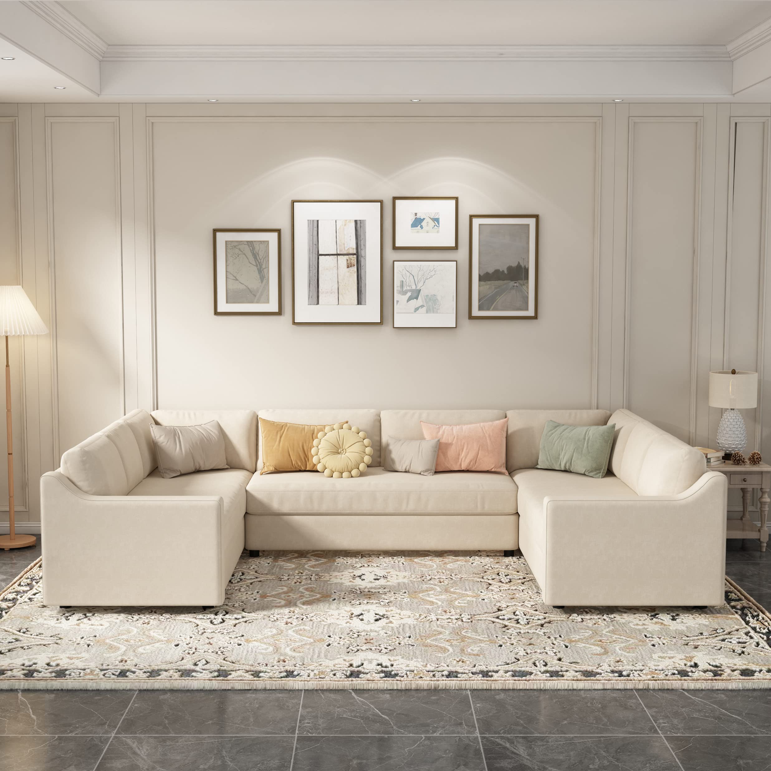 Merax Upholstered U-Shaped Large Sectional Sofa with Thick Seat, 8 Seater, Beige