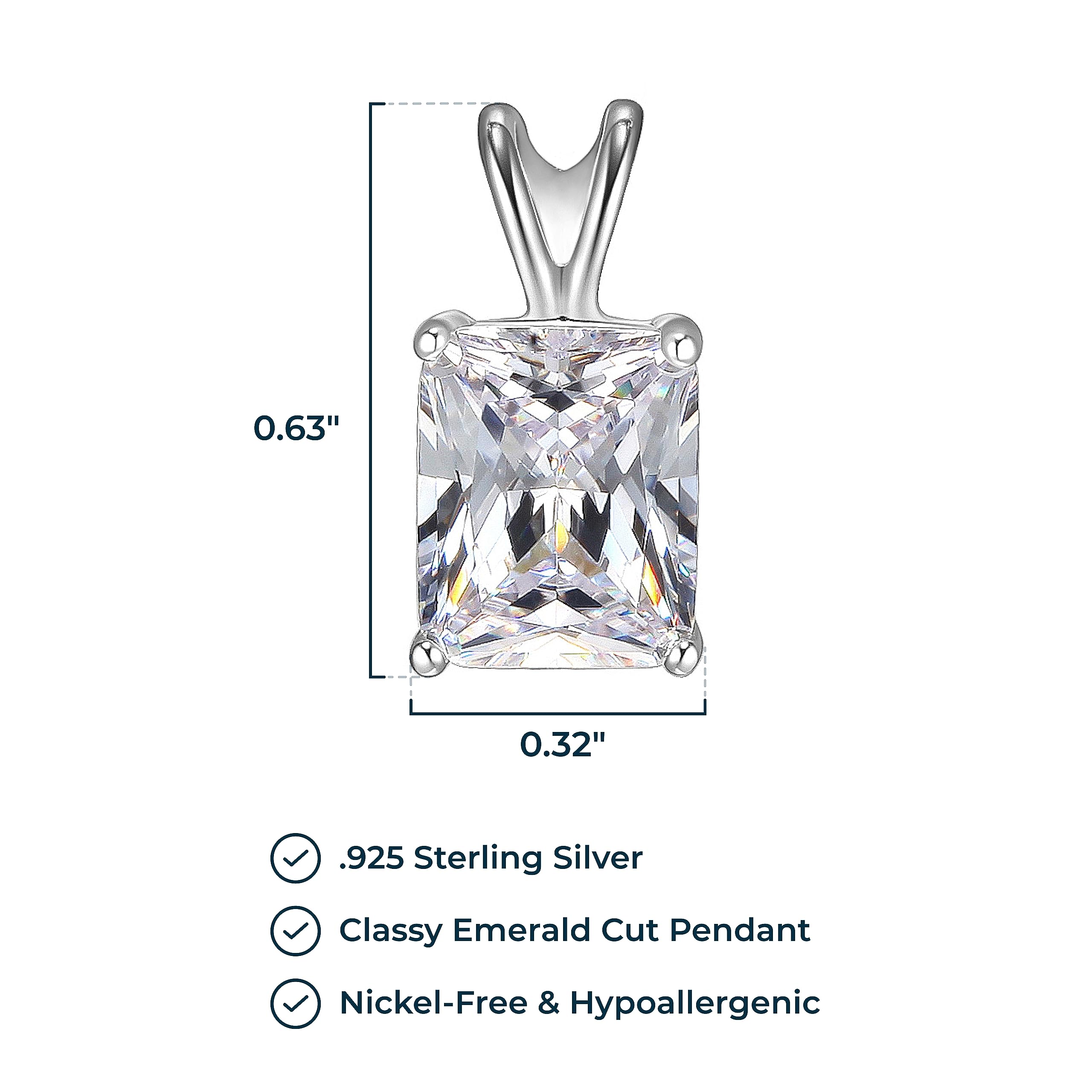 MORGAN & PAIGE CZ Diamond Emerald Cut Necklace - 925 Platinum Plated Sterling Silver Necklace With 3/8" Emerald Cut Cubic Zirconia Pendant - 18"