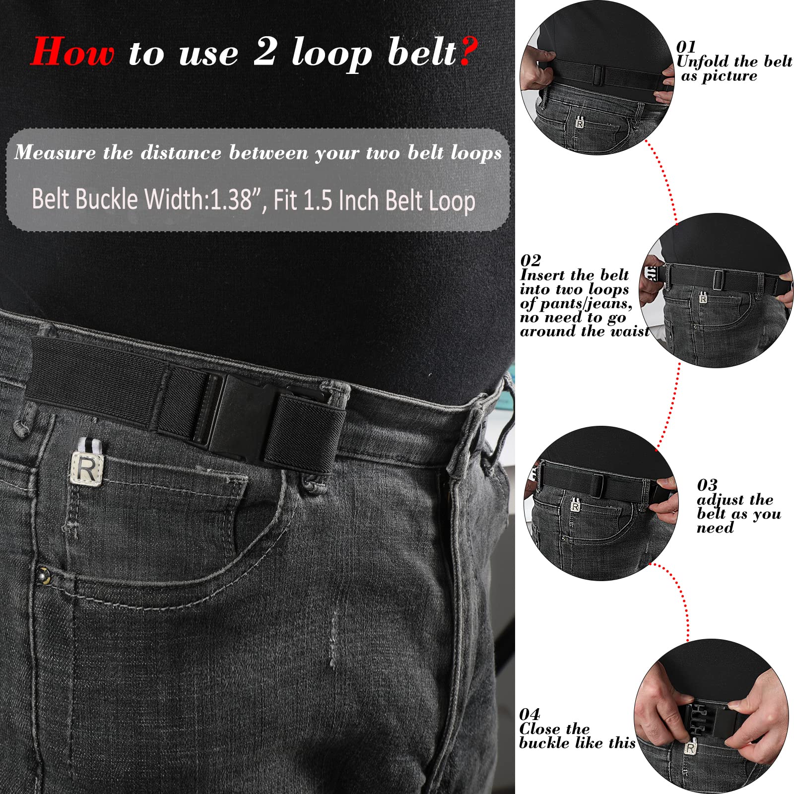 WERFORU 2 Pack Men 2 Loop No Show Elastic Invisible Belt for Women Jeans Pants Unisex Stretch Belt with Metal Free Flat Buckle,Fits 1.5 Inch Belt Loops, Black+Black,Fits 2 loop distance 3"-6"