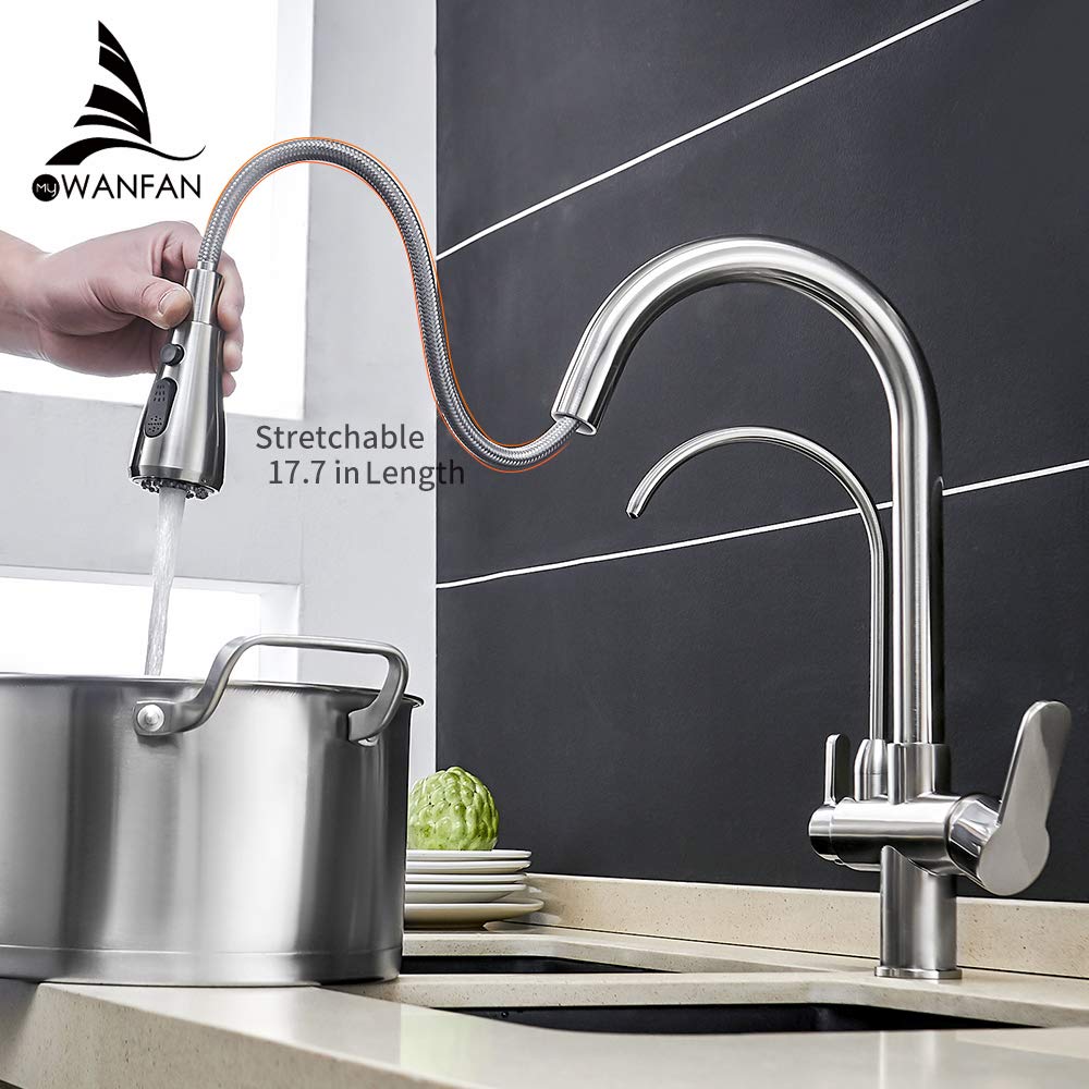 WANFAN Kitchen Sink Faucet with Pull Down Sprayer 2 Handle 3 in 1 Water Filter Purifier Faucets Brushed Nickel 0195SN