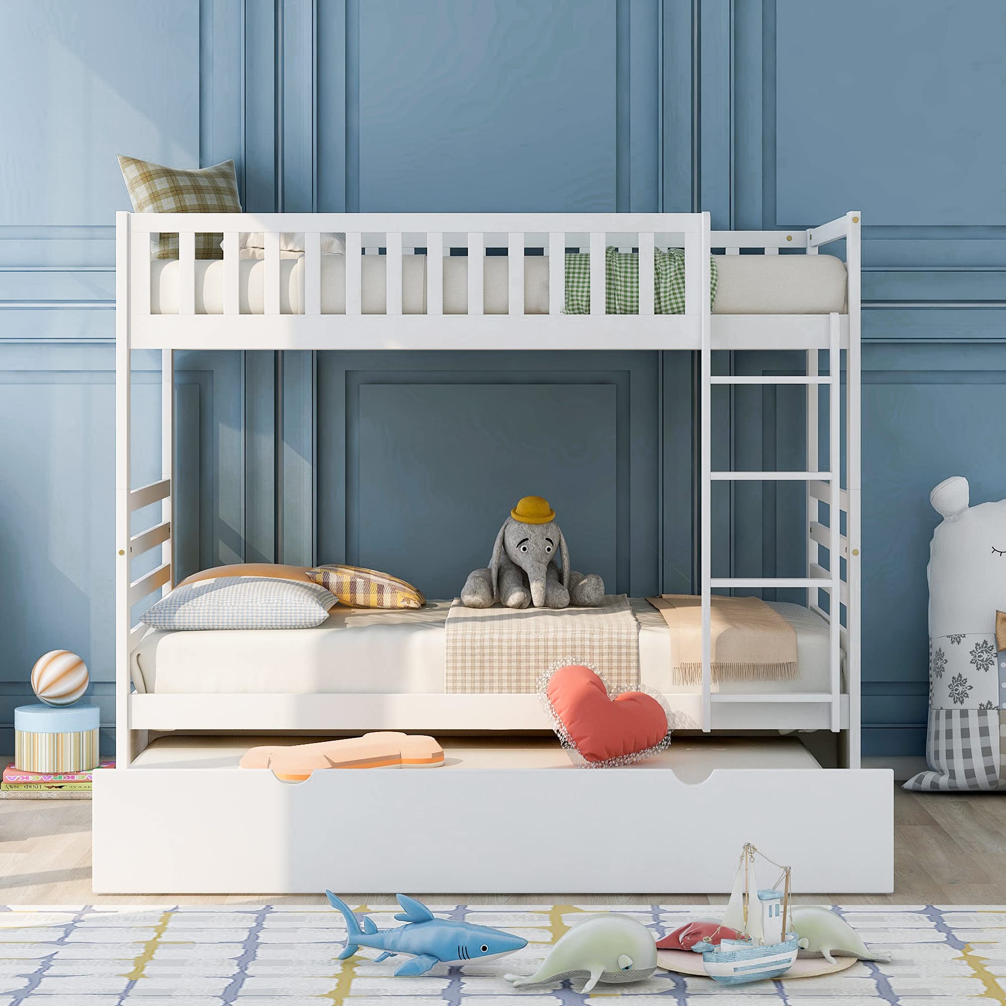 Morhome Twin Over Twin Bunk Bed with Trundle, 3 in 1 Triple Bunk Beds with Side Ladders and Safety Guard Rail for Kids Adults Teens