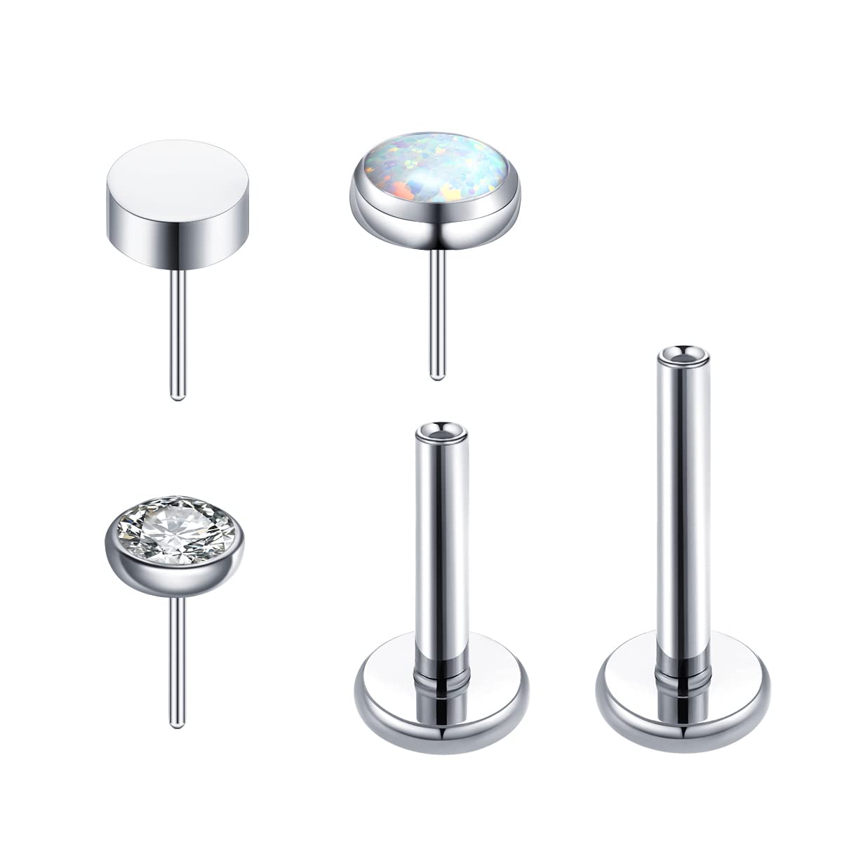 VOJO 16G G23 Titanium Industrial Piercing Jewelry,Internal Thread CZ Cartilage Barbell Earring for Women Men (6/6/8mm,White Opal)