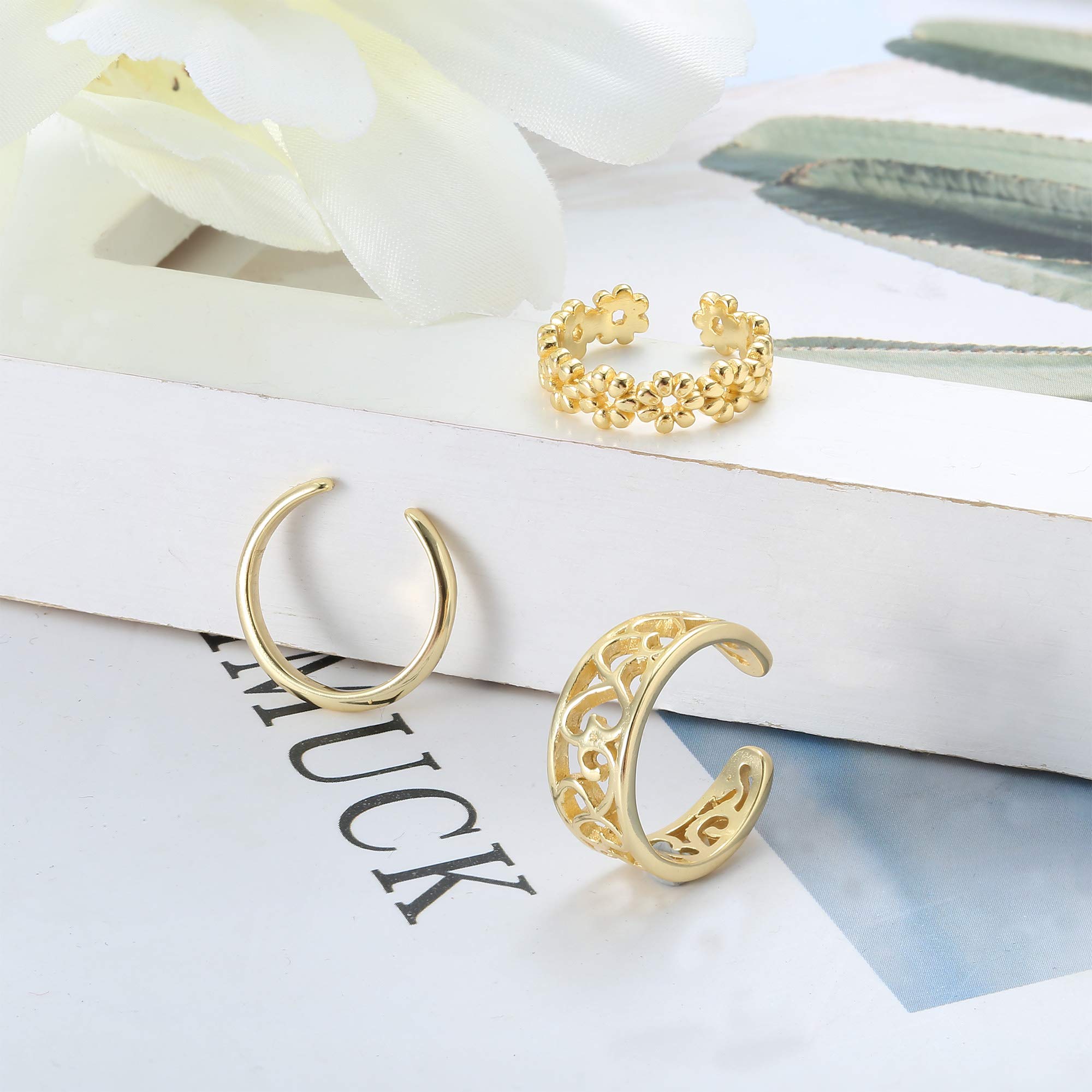 ORAZIO 3 Pcs Sterling Silver Toe Rings for Women Men Open Flower Simple Toe Ring Tail Band Ring Set Foot Jewelry Adjustable