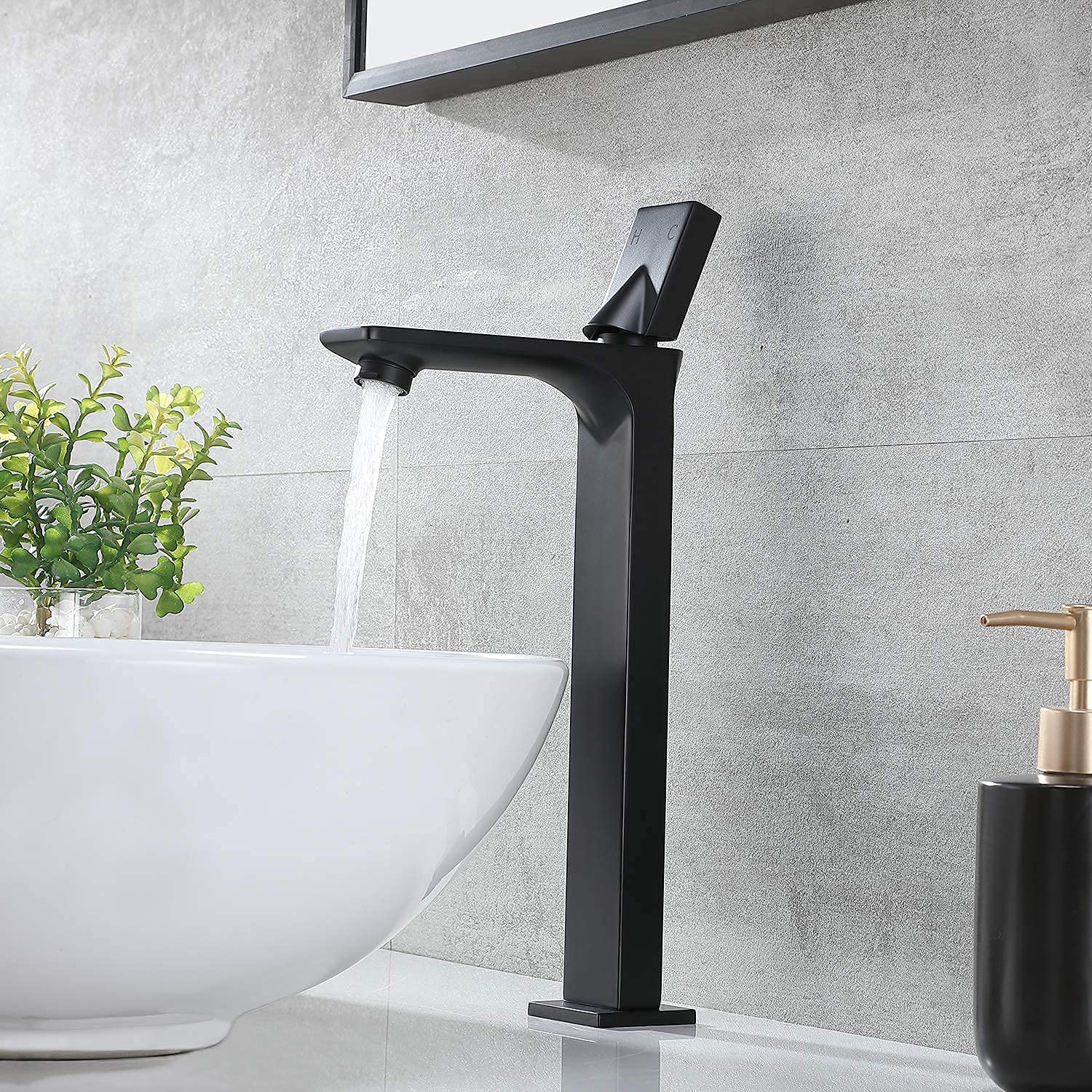 VAPSINT Tall Matte Black Bathroom Vessel Sink Faucet,Modern Single Handle Vessel Faucets Single Hole Vanity Mixer Bowl Tap Bathroom Sink Faucet with Water Hoses