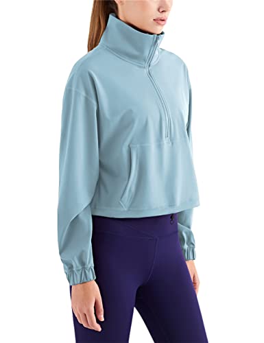 Tanming Women's Cropped Athletic Running Jacket Half Zip Pullover Workout Yoga Shirt (Blue-XL)