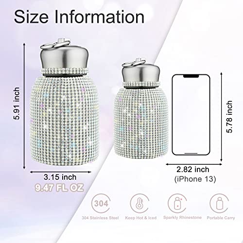Tmore Glitter Rhinestone Water Bottle Bling Diamond Stainless Steel Thermal Bottles 9.47oz/280ml Sparkling Refillable Insulated Vacuum Thermoses with Chain (Silver)