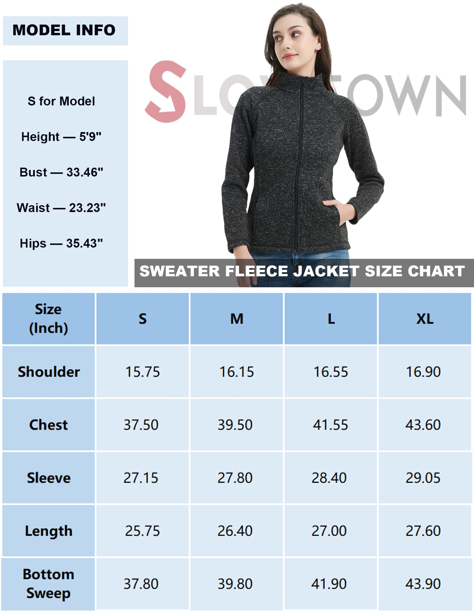 SLOWTOWN Women's Sweater Fleece Jacket Zip-up Sweater Lightweight Speckled Jacket with Pockets (Black, Medium)