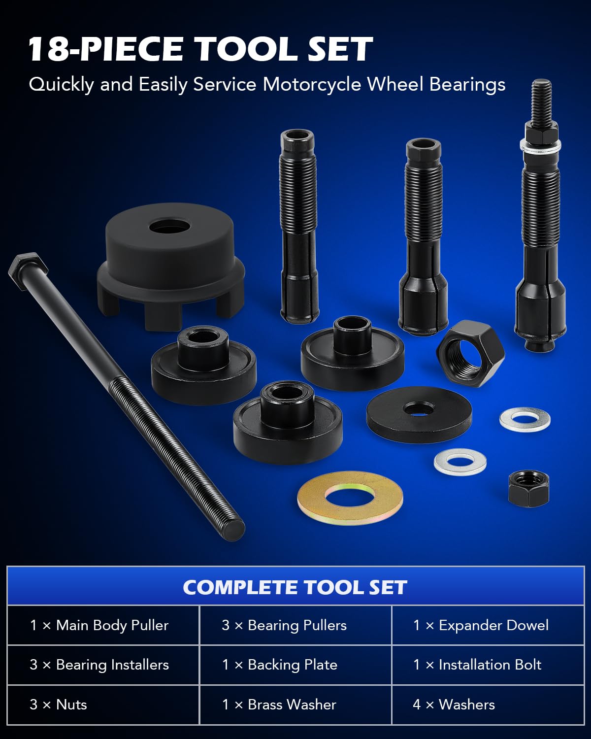 Orion Motor Tech Wheel Bearing Puller Tool Kit Compatible with Harley Davidson Motorcycles, Wheel Bearing Remover Installer Tool Set for 0.75" 1" 25mm Bearings Compatible with Hogs from 2000, 11 Pcs