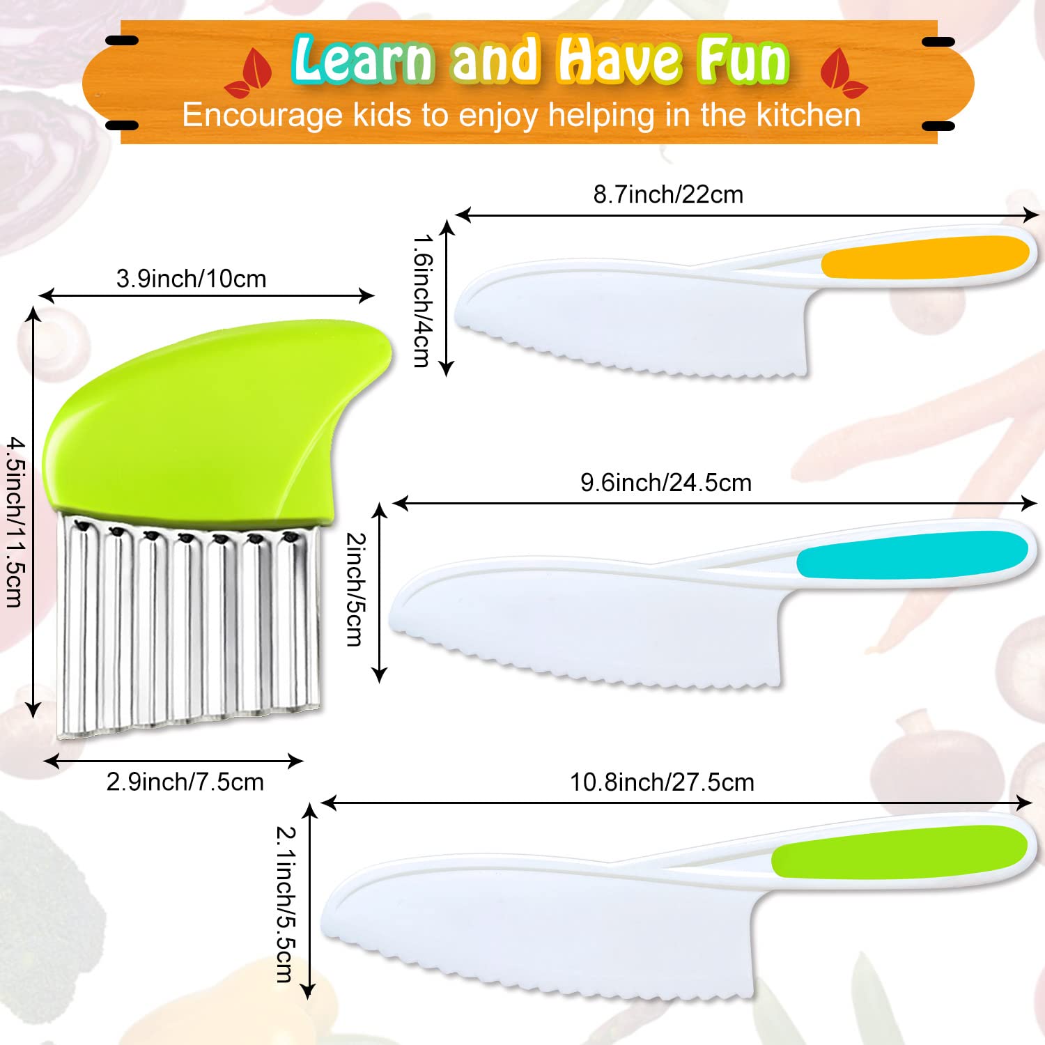 TAORISH 4 Pcs Kids Knife Set, Nylon Kitchen Knife with Crinkle Cutter, Serrated Edges Plastic Toddler Chef Knife for Real Cooking & Cutting Fruit Bread