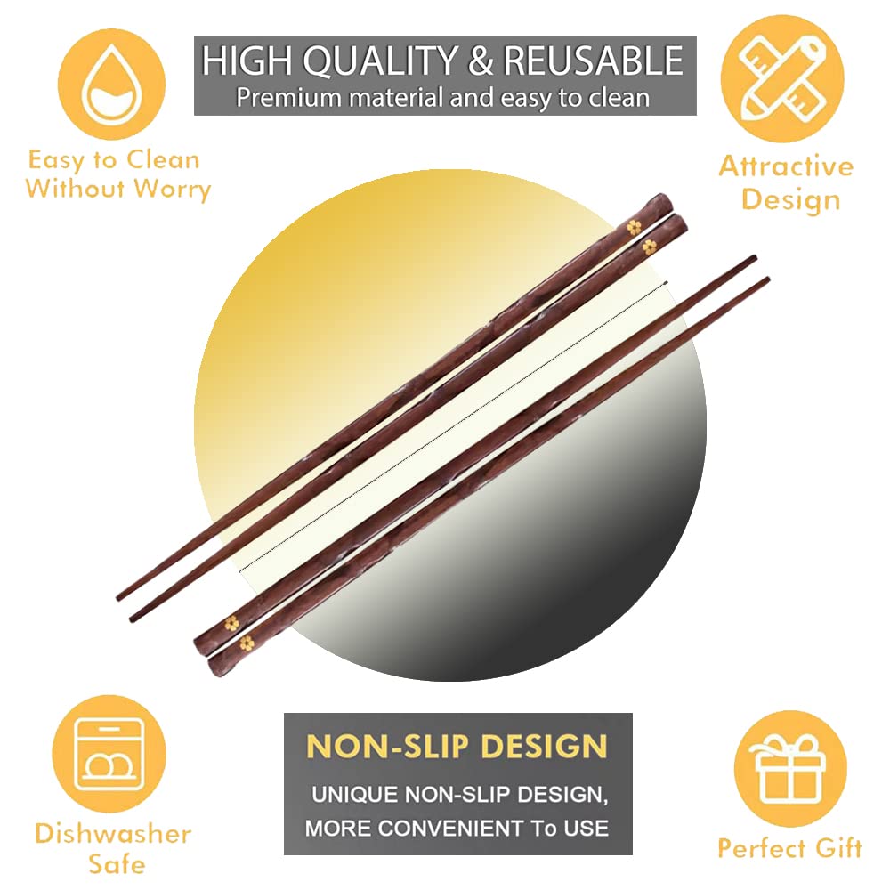Sang Seiyoga 10 Pairs Solid Wood Chopsticks Reusable Dishwasher Safe,Cute cherry blossoms Engraved Non-slip Japanese Chopstick,9 Inch/23cm Gift Set