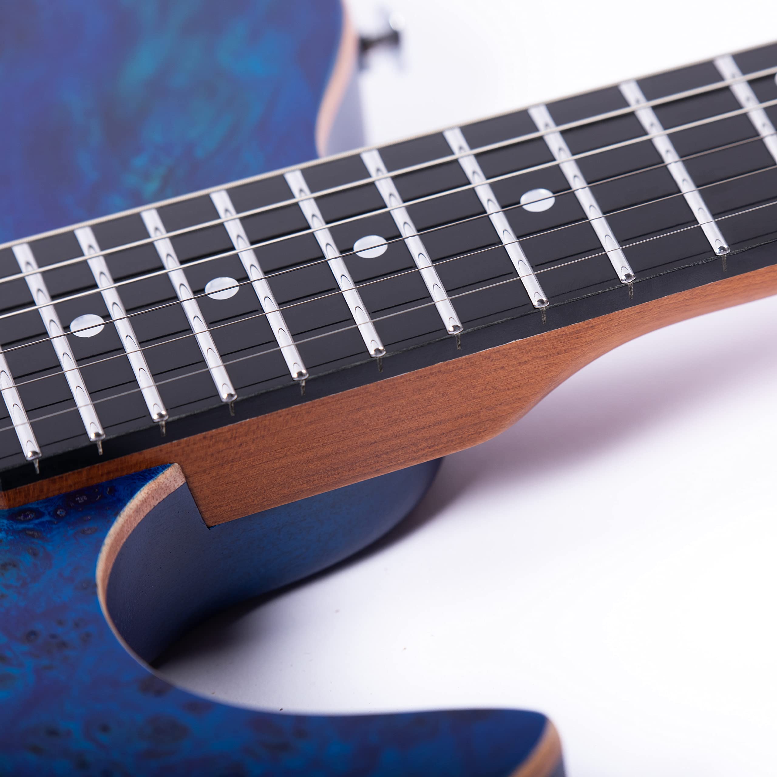Volgoa VTL-2 Solid Body 6 String Electric Guitar, Roasted Maple Neck, Mahogany Body, Matte Burl Figure Veneer, and Coil Splitting Pickup (Blue)